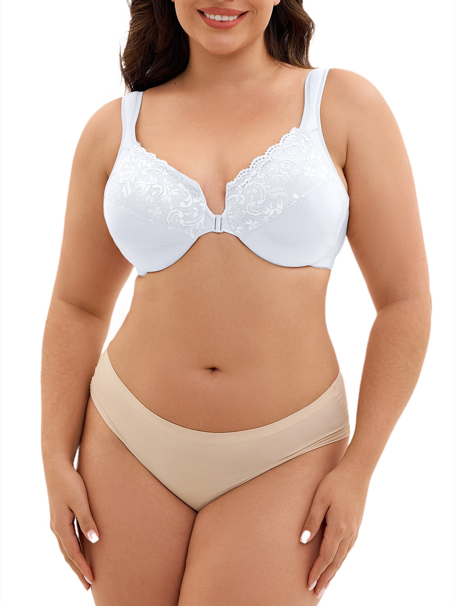 INSPIRE CHIC Women's Front Closure Lace Trim Underwire Plunge Bras Plus Size Adjustable Straps ...