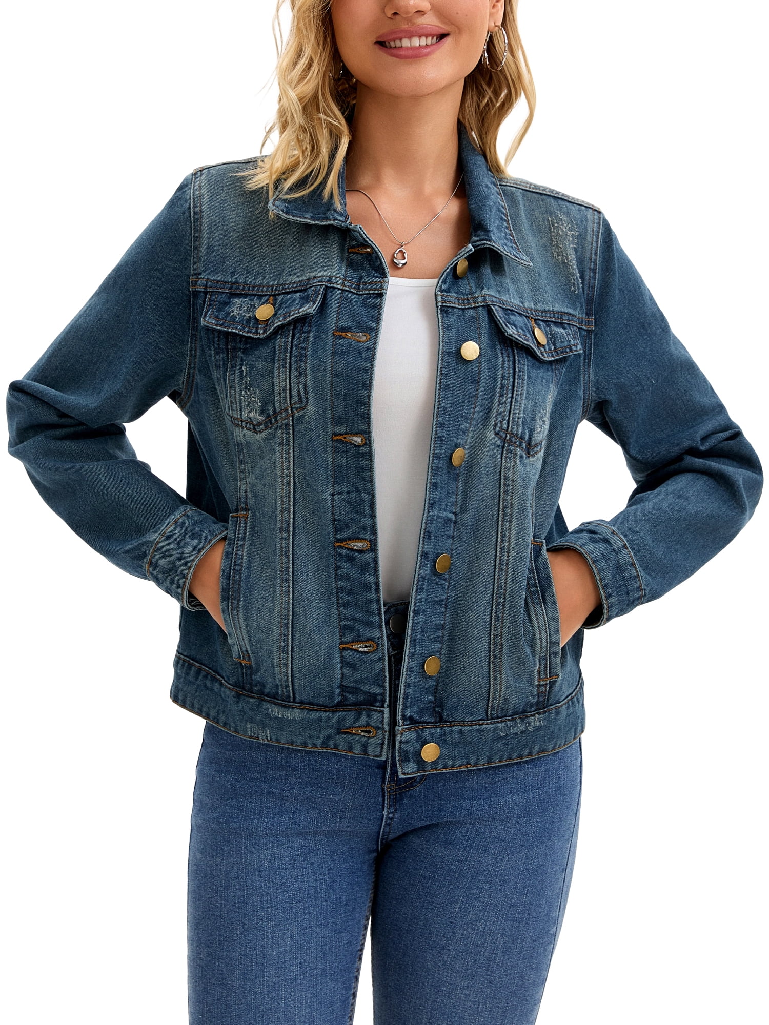 INSPIRE CHIC Women's Jean Jacket Turn Down Collar Long Sleeve Washed ...
