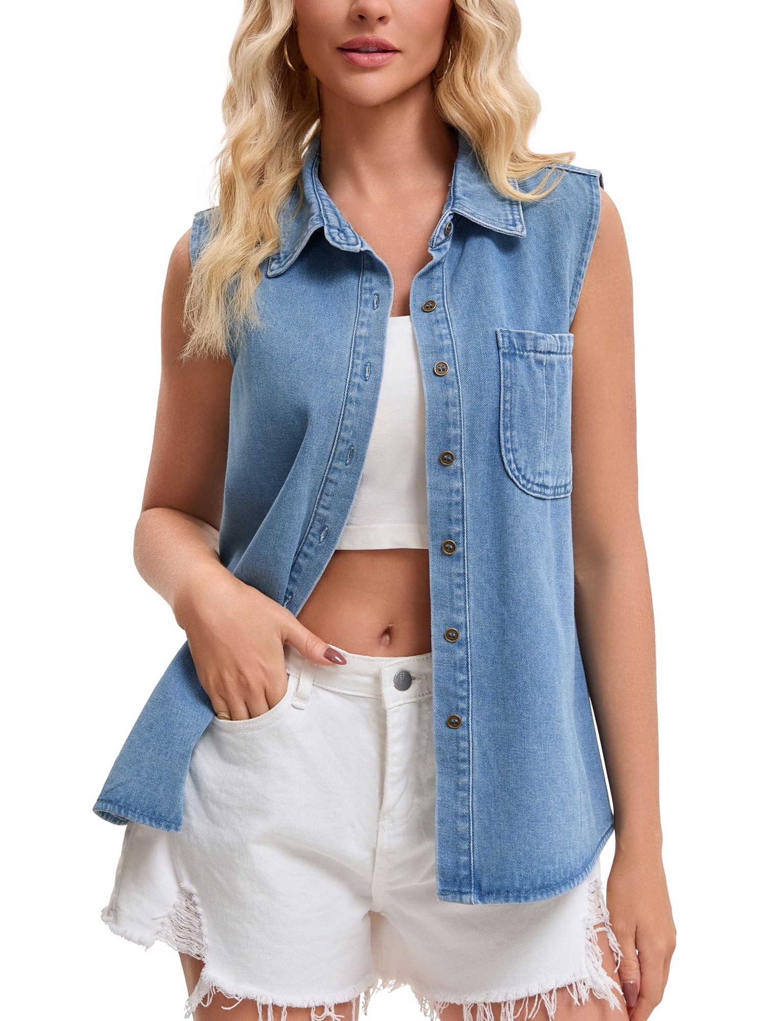 INSPIRE CHIC Women's Jean Shirt Sleeveless Button Down Collared Tank ...