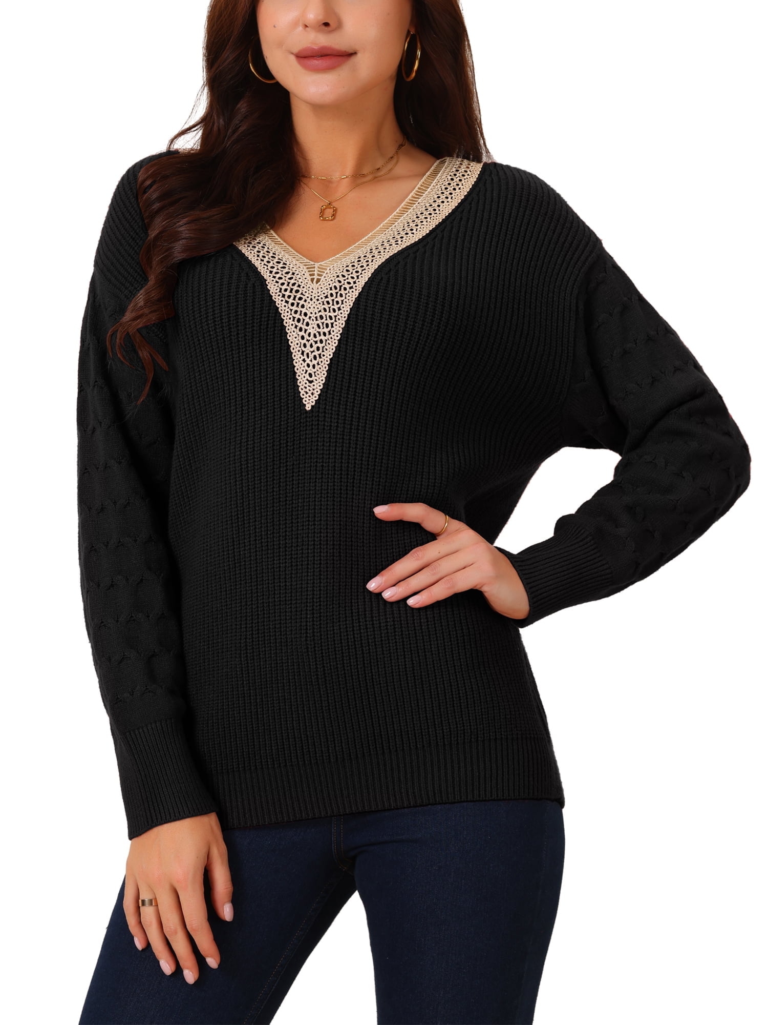 INSPIRE CHIC Women's' Long Sleeve Sweaters Trendy Lace V Neck Knit Drop ...