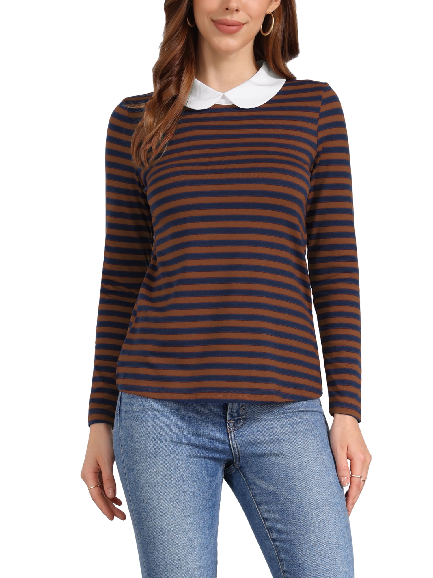 INSPIRE CHIC Women's Long Sleeve Top Contrast Striped Doll Collar ...