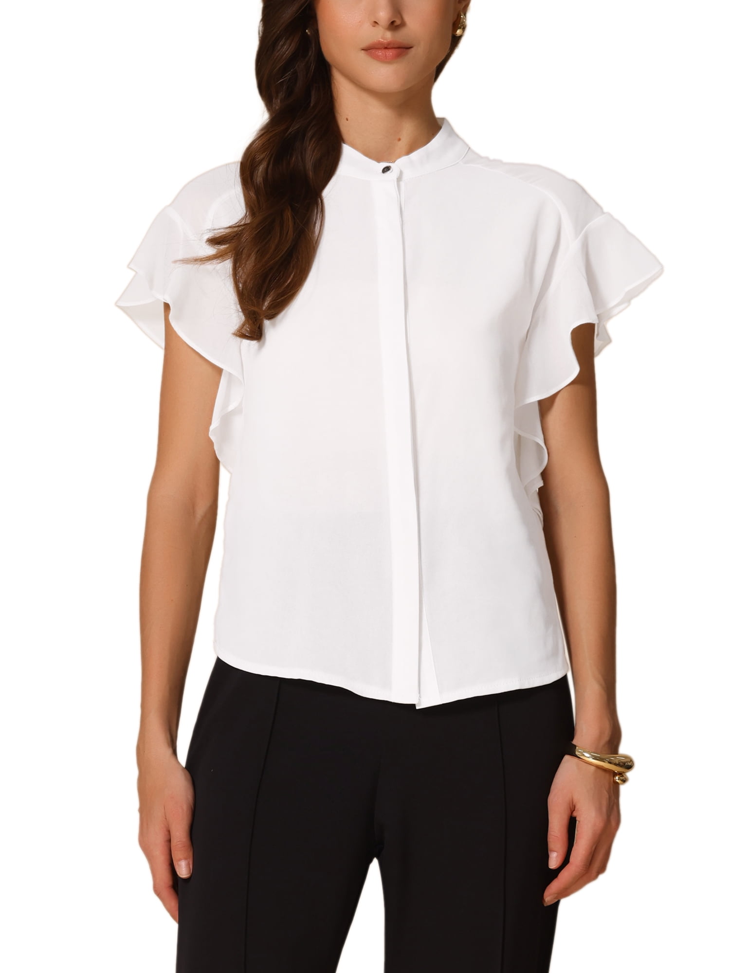 INSPIRE CHIC Women's Office Stand Collar Ruffle Sleeve Front Button ...