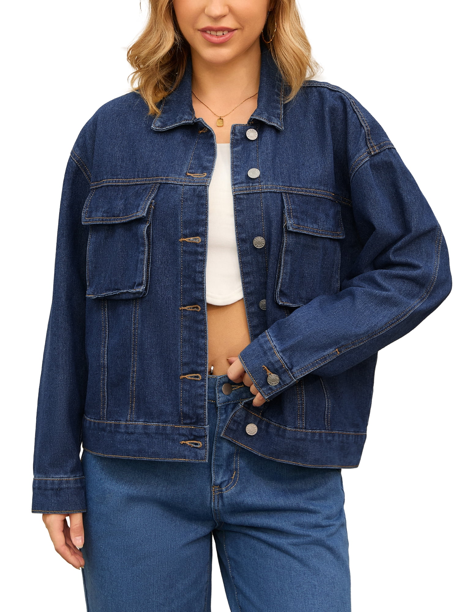 INSPIRE CHIC Women's Oversized Denim Button Down Chest Flap Pockets ...
