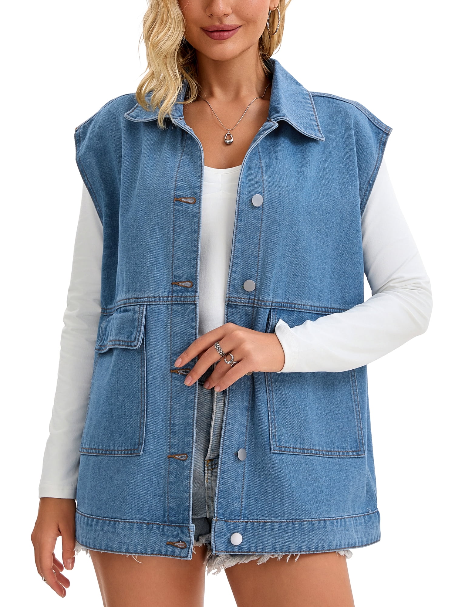 INSPIRE CHIC Women's Coat Oversized Denim Vest Collared Button Down ...