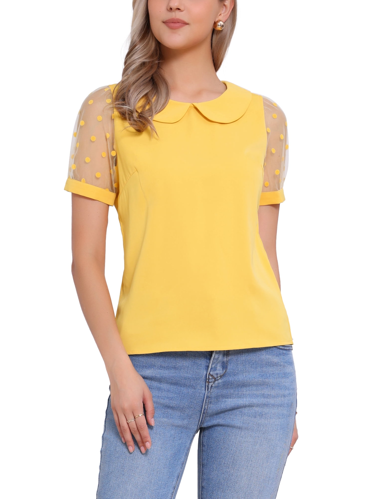 INSPIRE CHIC Women's Top Peter Pan Collar Mesh Puff Short Sleeve ...