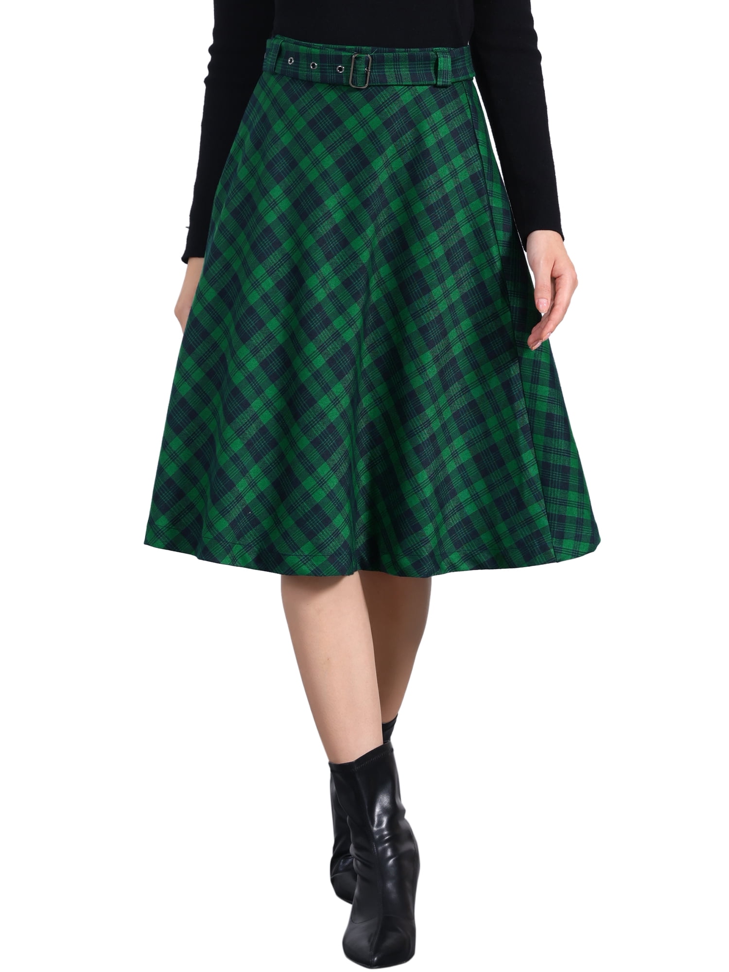 INSPIRE CHIC Women's Plaid Skirts Belted High Waist A-Line Mid-Length ...