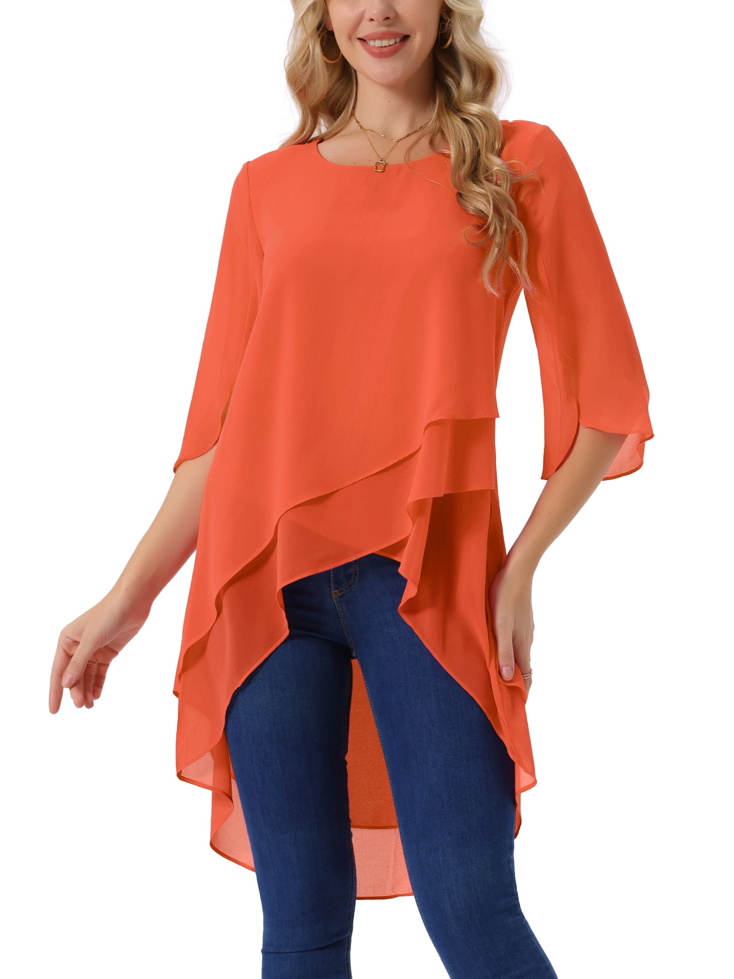 INSPIRE CHIC Women's Round Neck 3/4 Ruffle Split Sleeve High Low ...