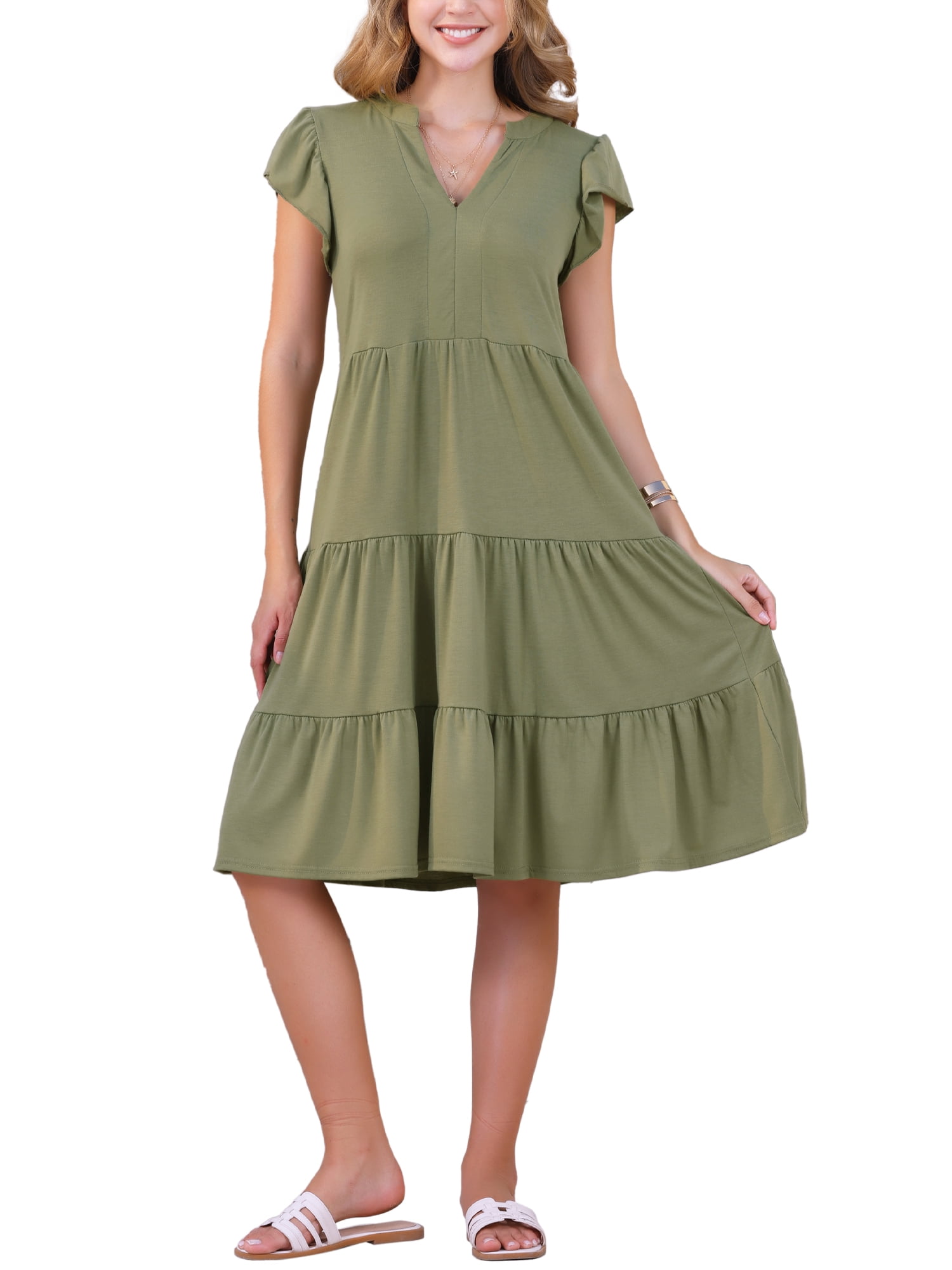 INSPIRE CHIC Women's Ruffle Sleeve V Neck Summer Sundress Tiered Midi ...