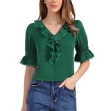 INSPIRE CHIC Women's Ruffled V Neck Puff Elbow Sleeve Semi-Sheer ...