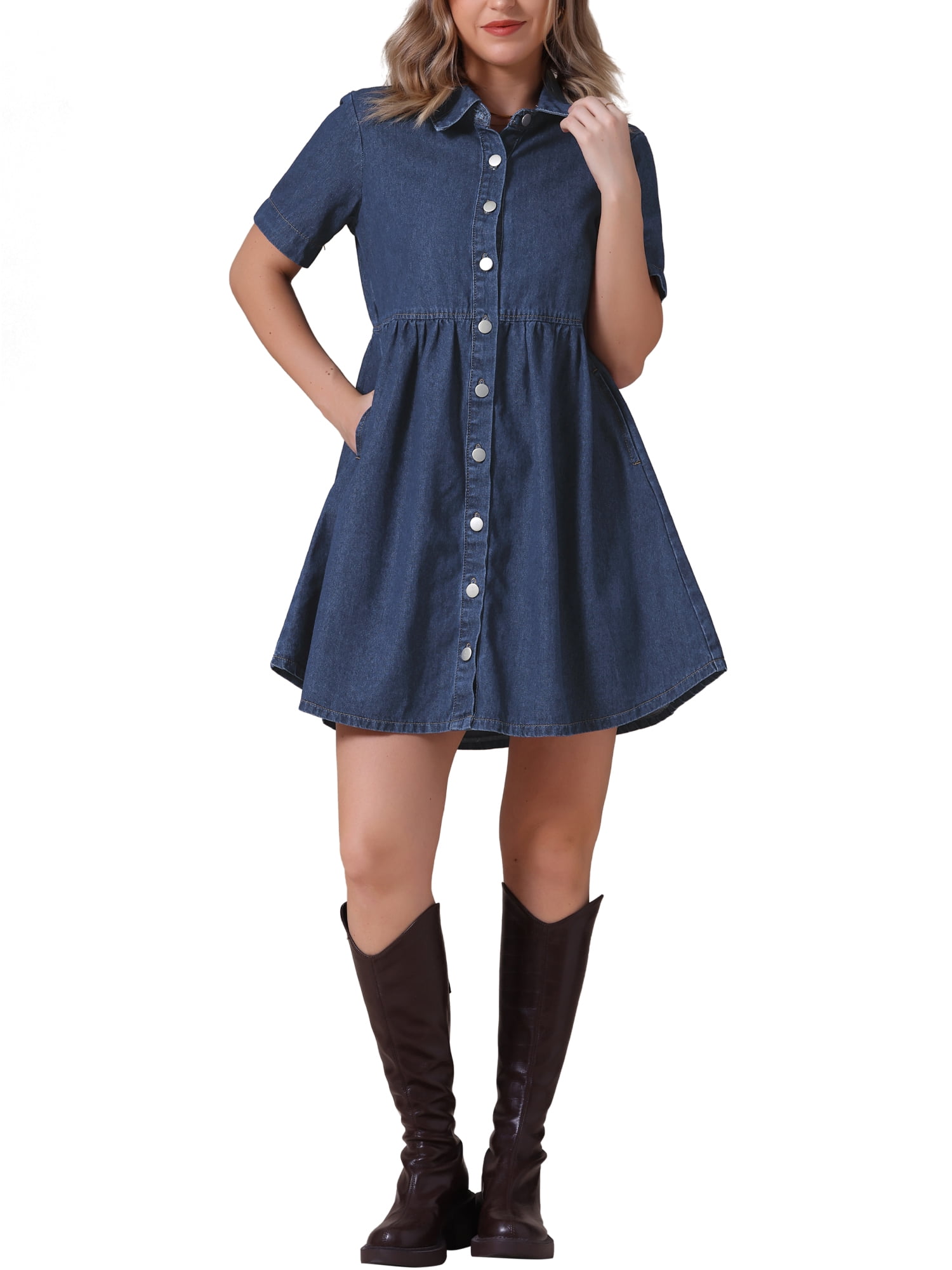 INSPIRE CHIC Women's Short Sleeve Button Down Collared Denim Babydoll ...