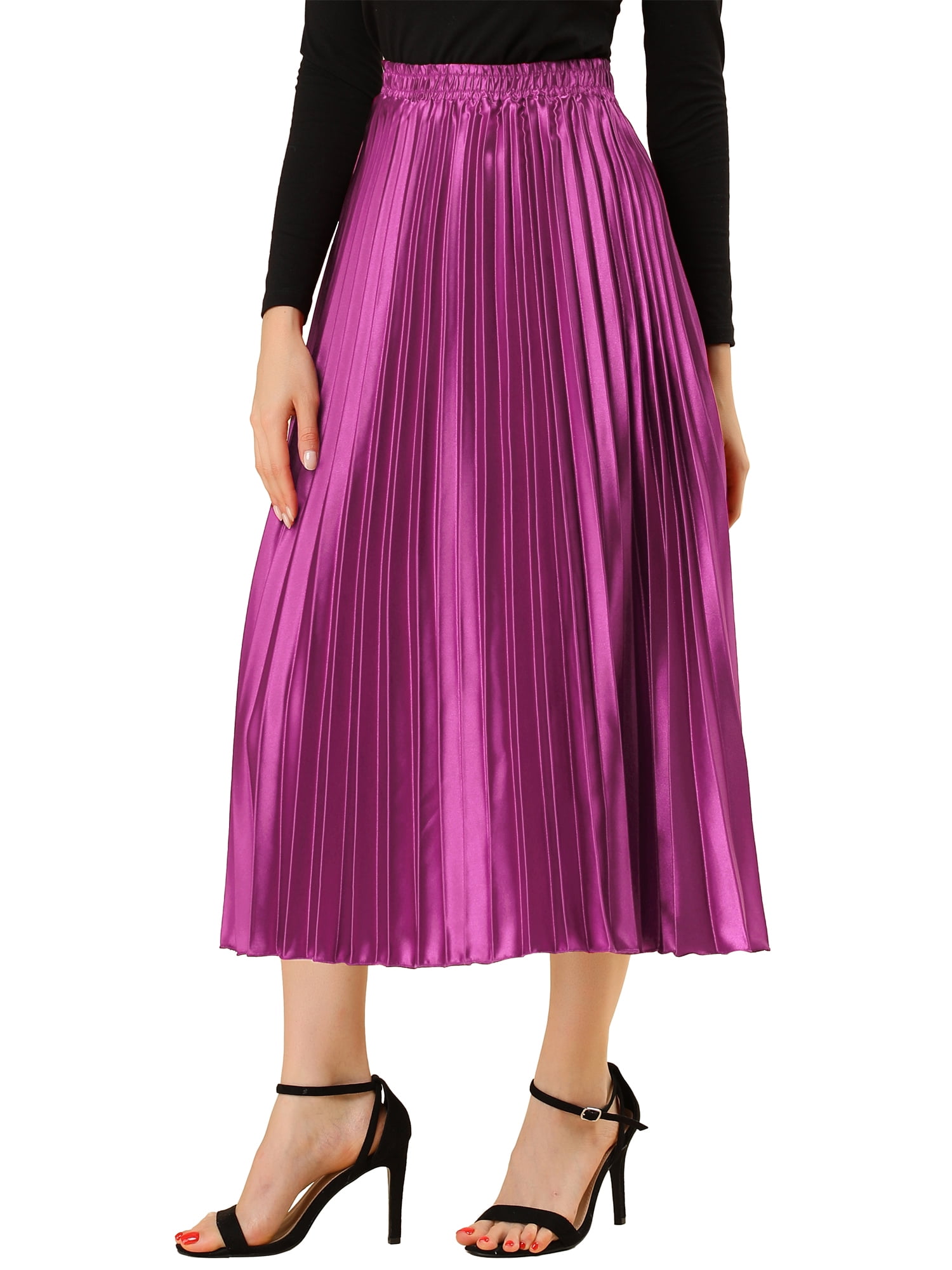 INSPIRE CHIC Women's Skirts Metallic Elastic Waist Midi Pleated Party ...