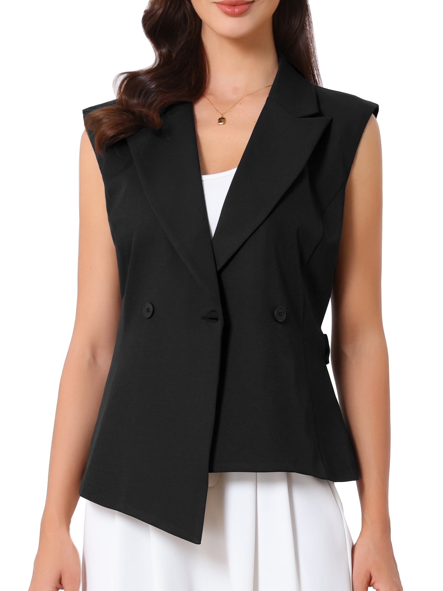 INSPIRE CHIC Women's Sleeveless V Neck Belted Lapel Collar Work Vest M ...