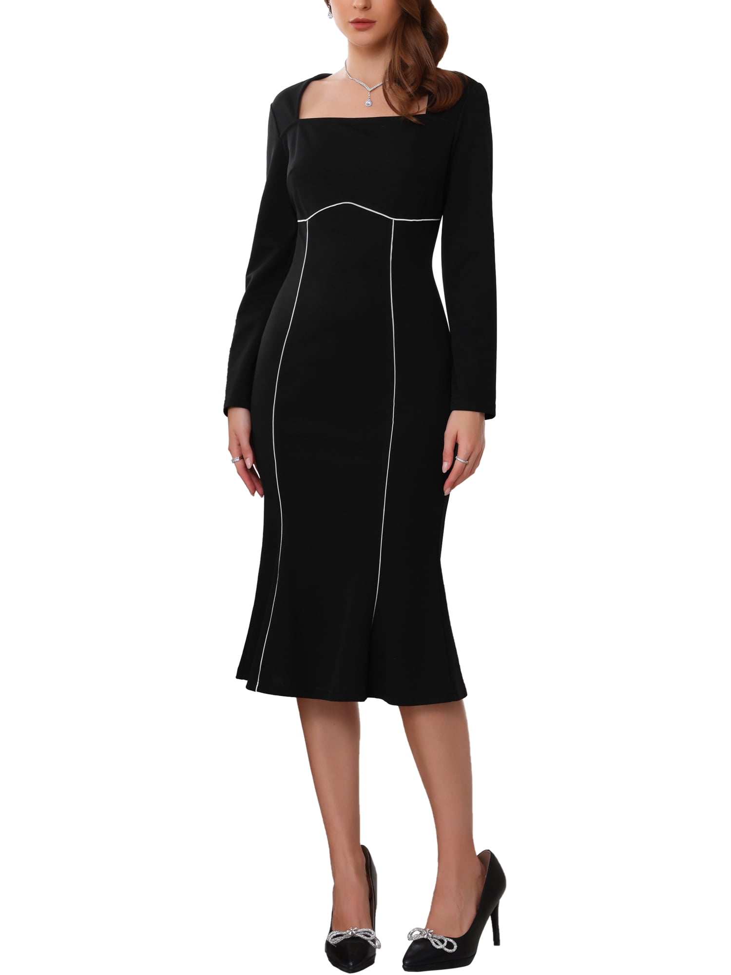 INSPIRE CHIC Women's Square Neck Dress Wedding Guest Long Sleeve Formal ...