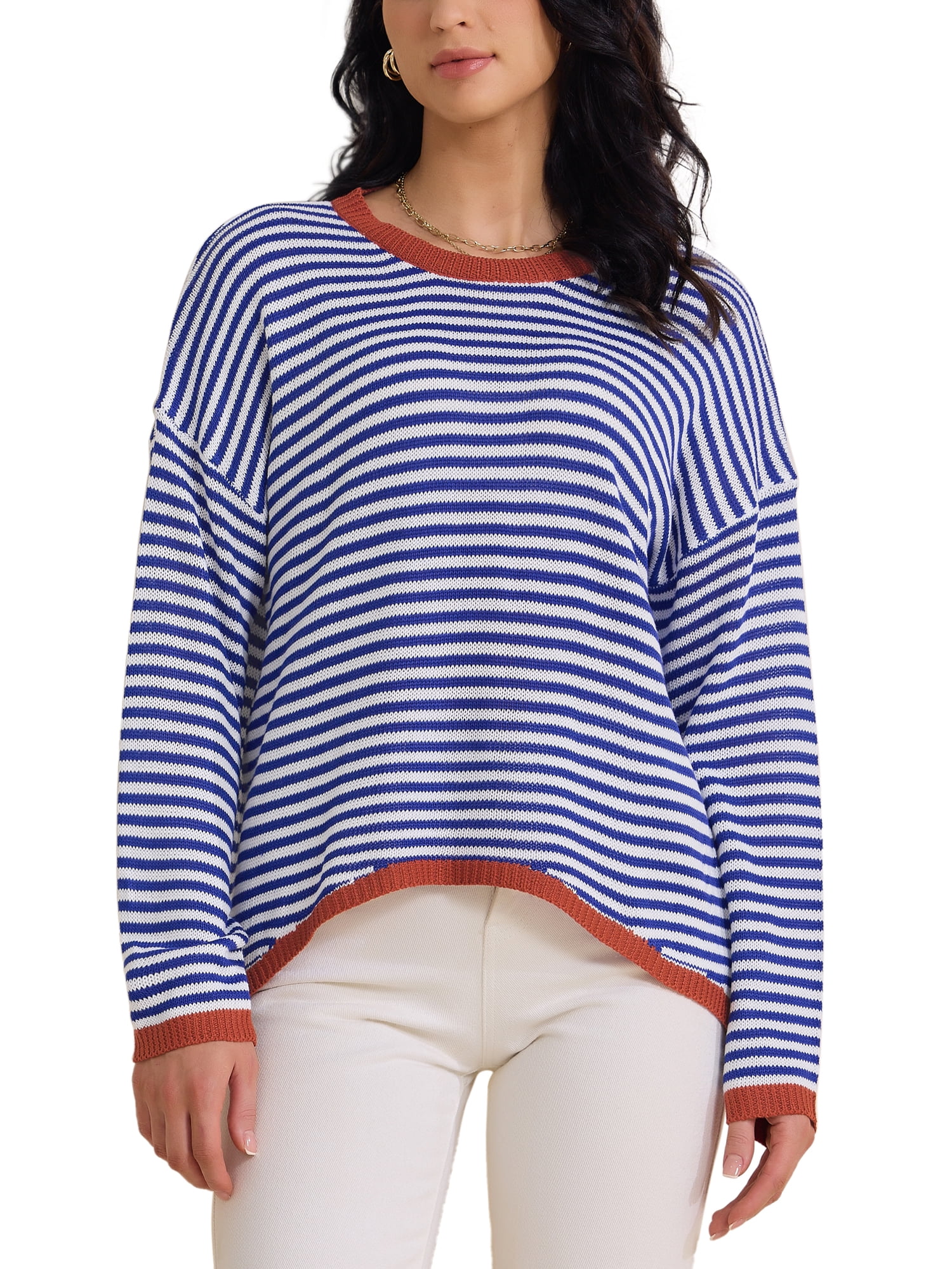 INSPIRE CHIC Women's Striped Sweater Casual Curved Hem Drop Shoulder ...