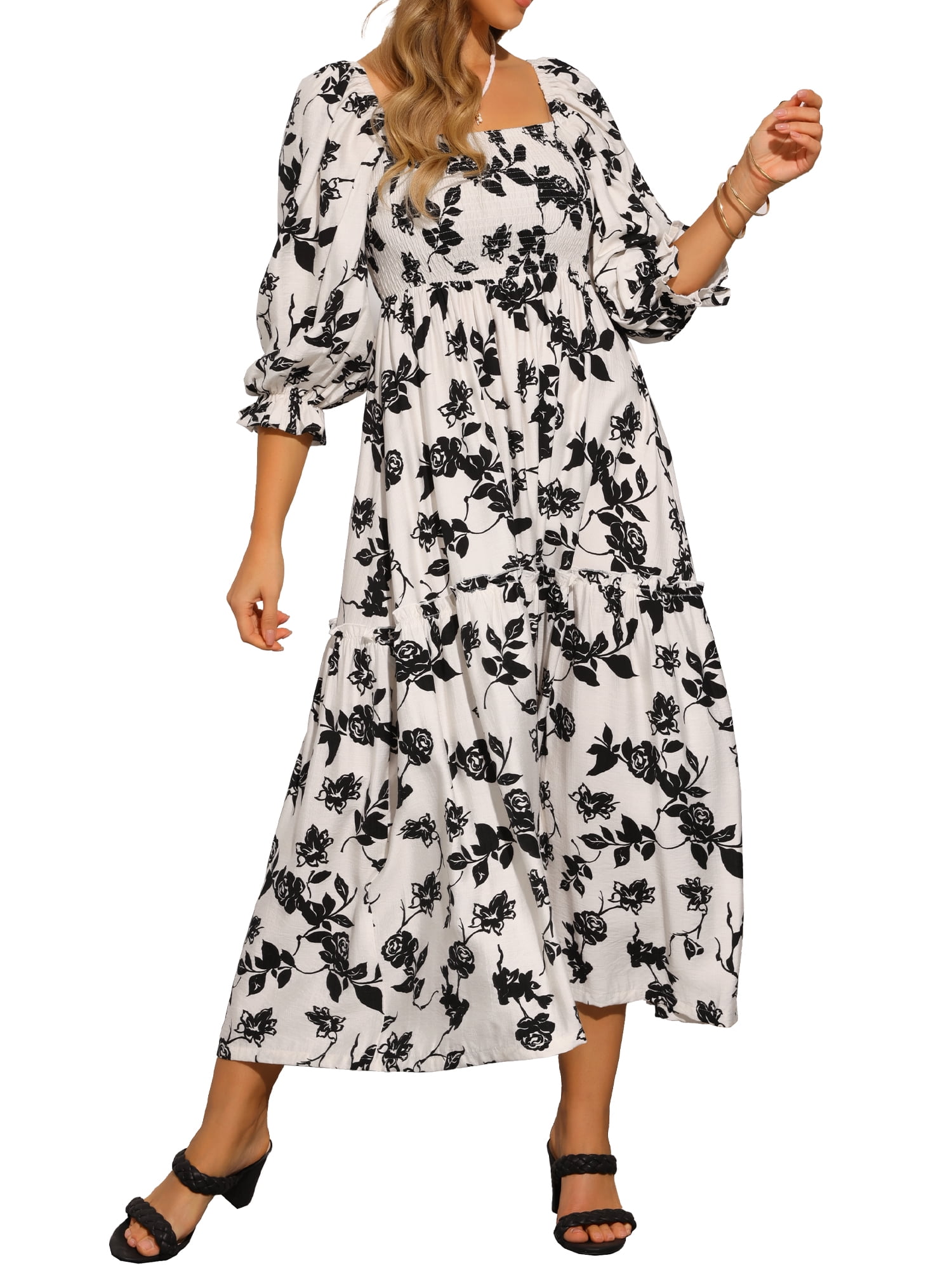 INSPIRE CHIC Women's Summer Floral Dresses Square Neck Short Sleeve A ...