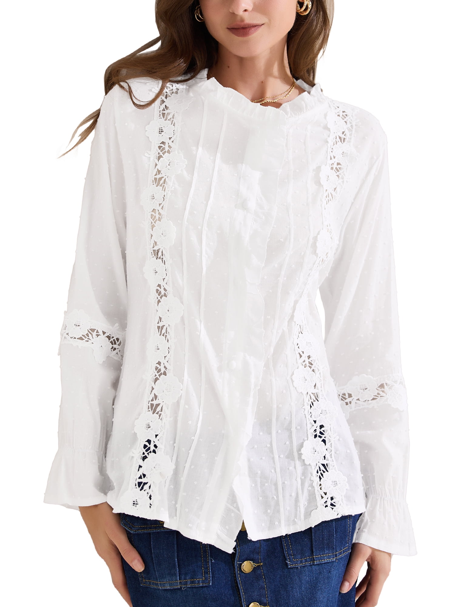 INSPIRE CHIC Women's Swiss Dots Tops Ruffle Neck Long Sleeve Button ...