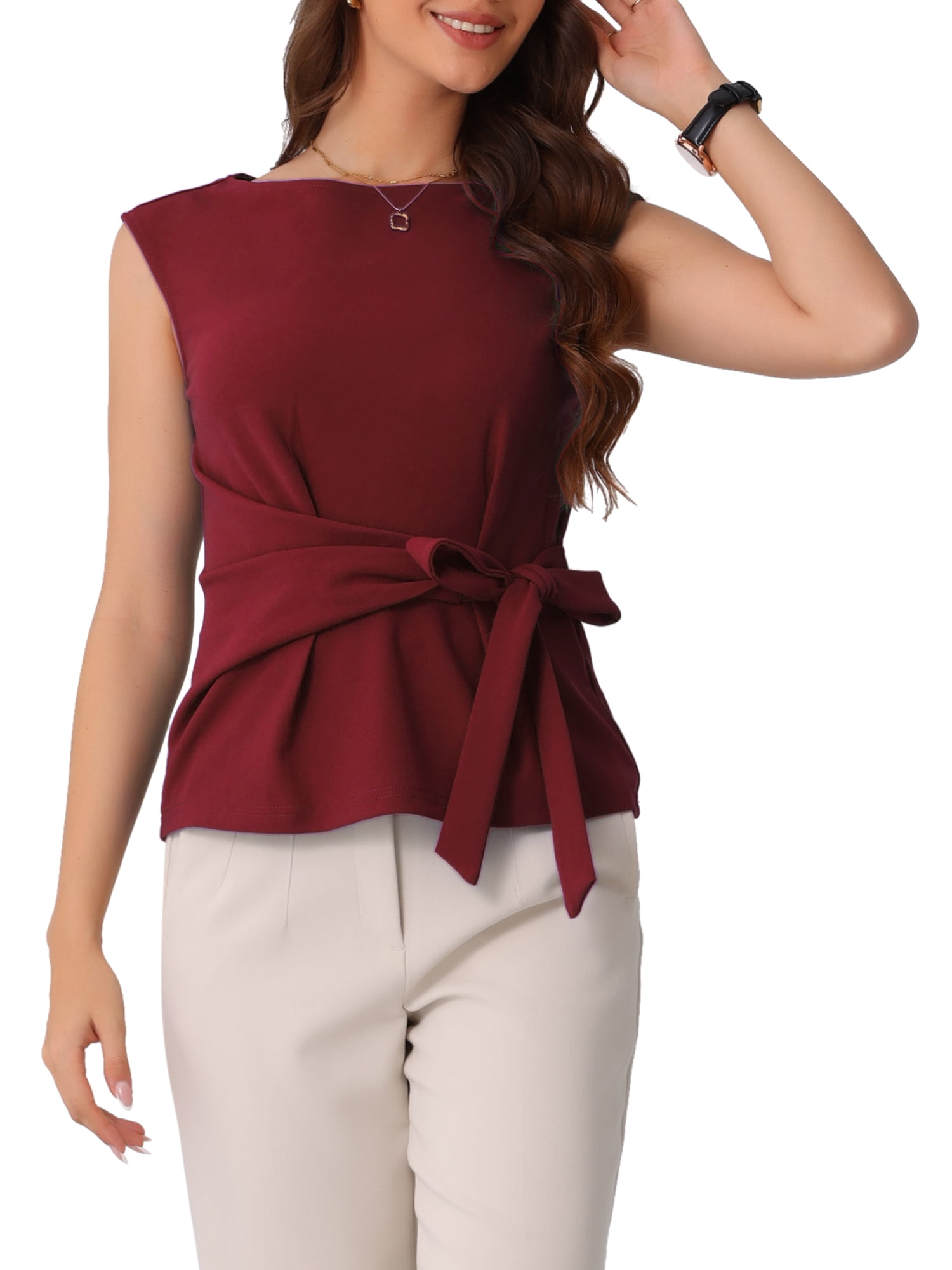 INSPIRE CHIC Women's Tie Front Boat Neck Cap Sleeve Work Blouse L ...