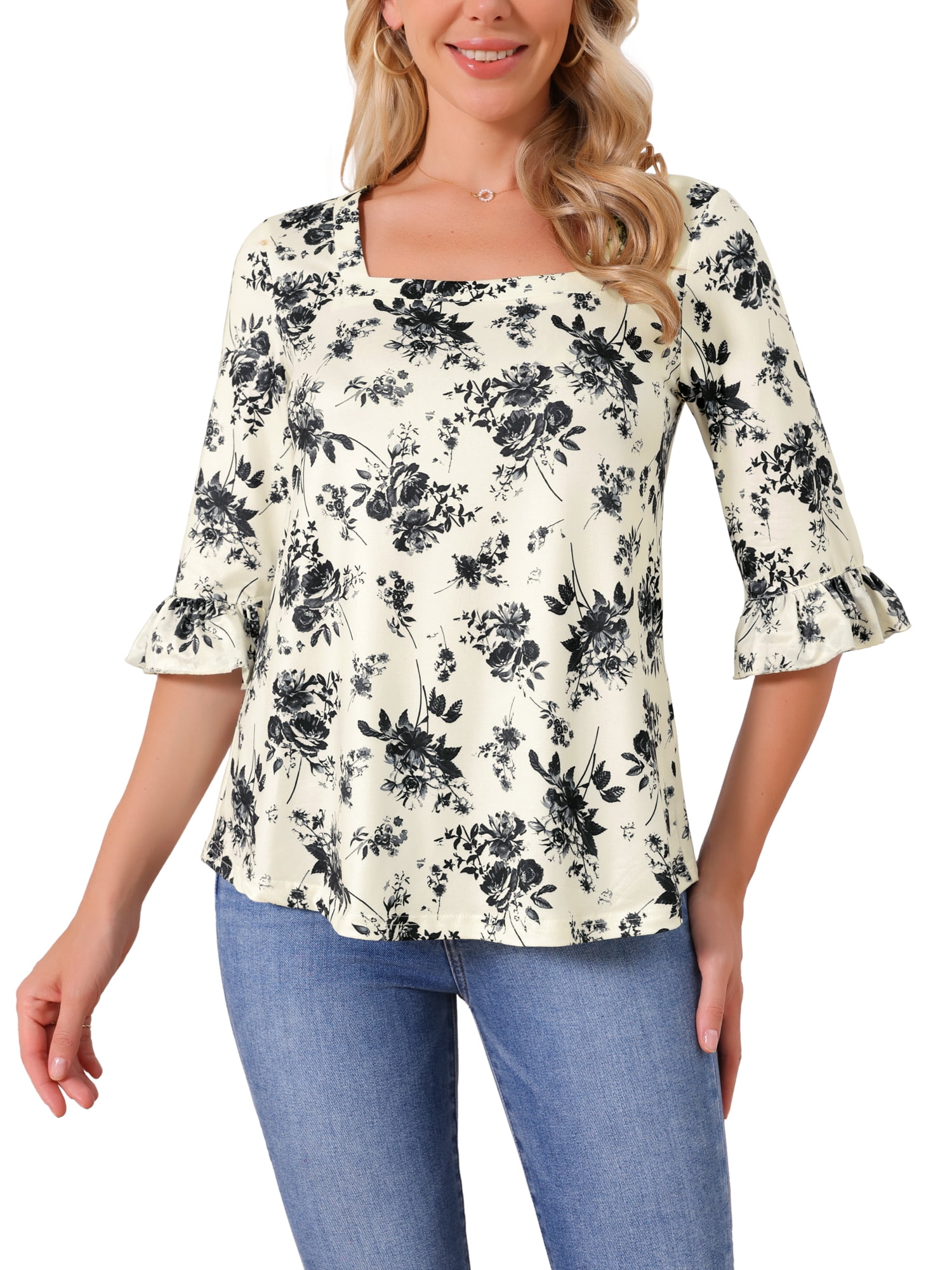 INSPIRE CHIC Women's Top Fall Floral Casual Square Neck Ruffle 3/4 ...