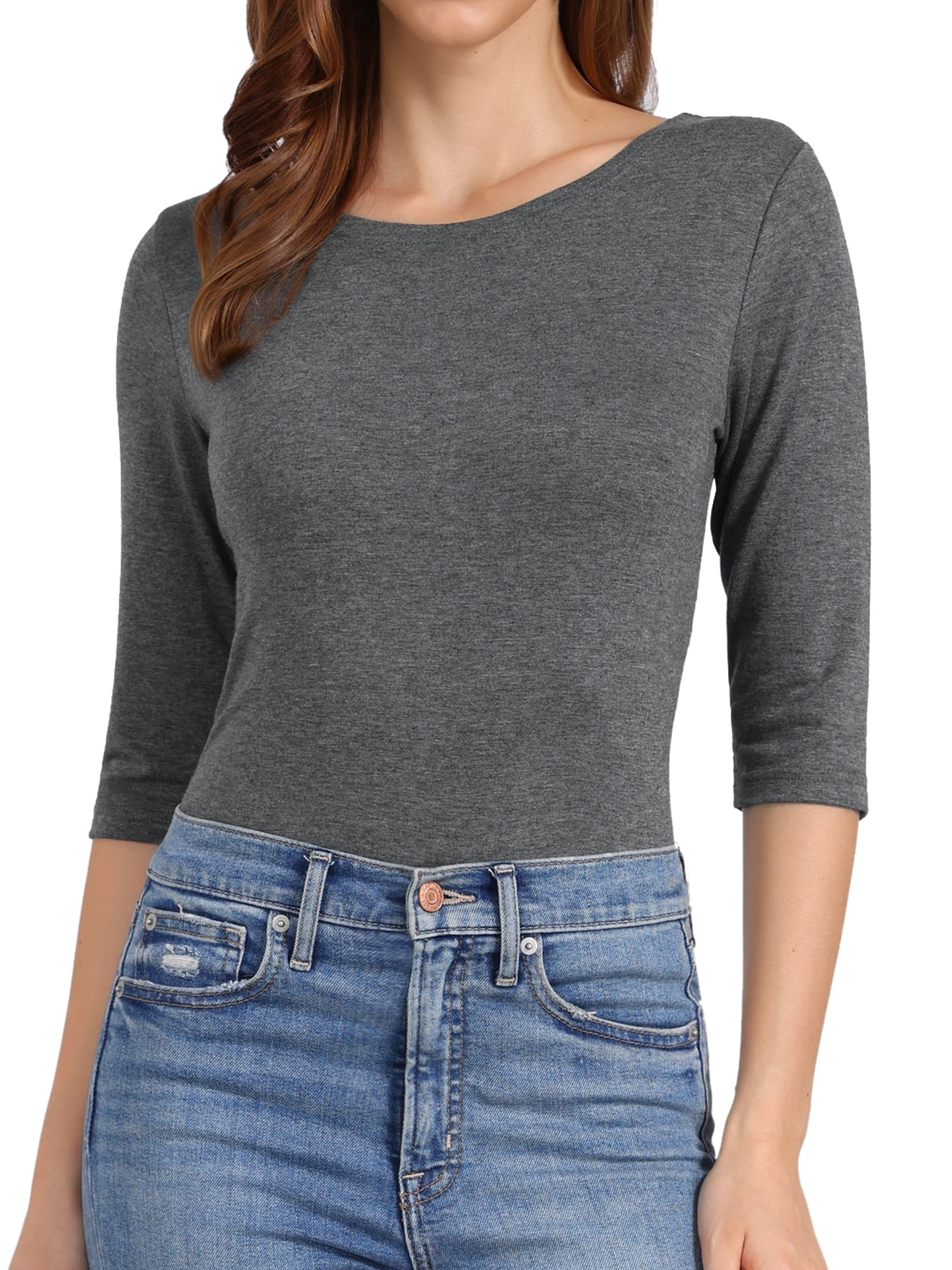 INSPIRE CHIC Women's Tops Elbow Sleeves Boat Neck Slim Fit Casual Tee ...
