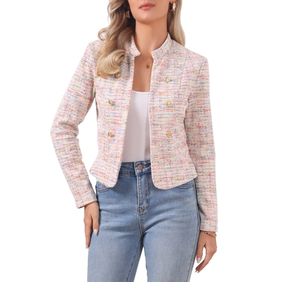 INSPIRE CHIC Women's Tweed Blazer Stand Collar Cropped Open Front ...