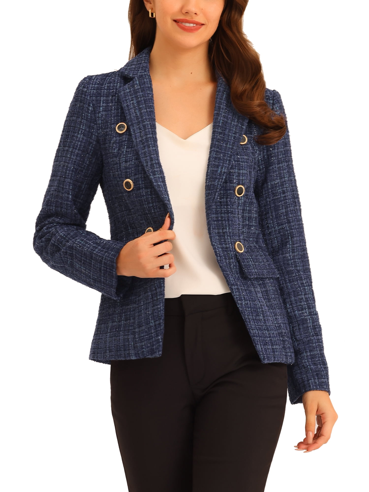 INSPIRE CHIC Women's Tweed Jackets Notched Lapel Long Sleeve Open Front ...