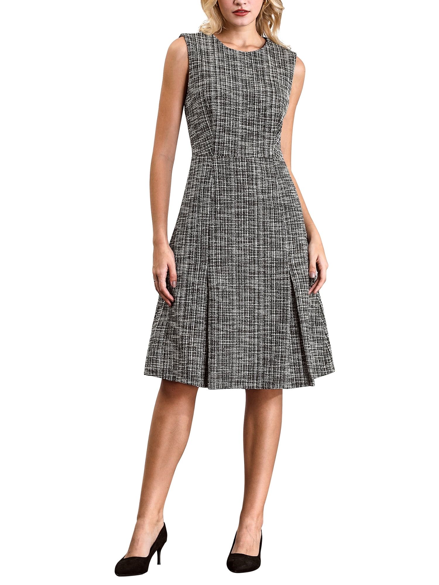 INSPIRE CHIC Women's Tweed Round Neck Knee Length Sleeveless Work A ...