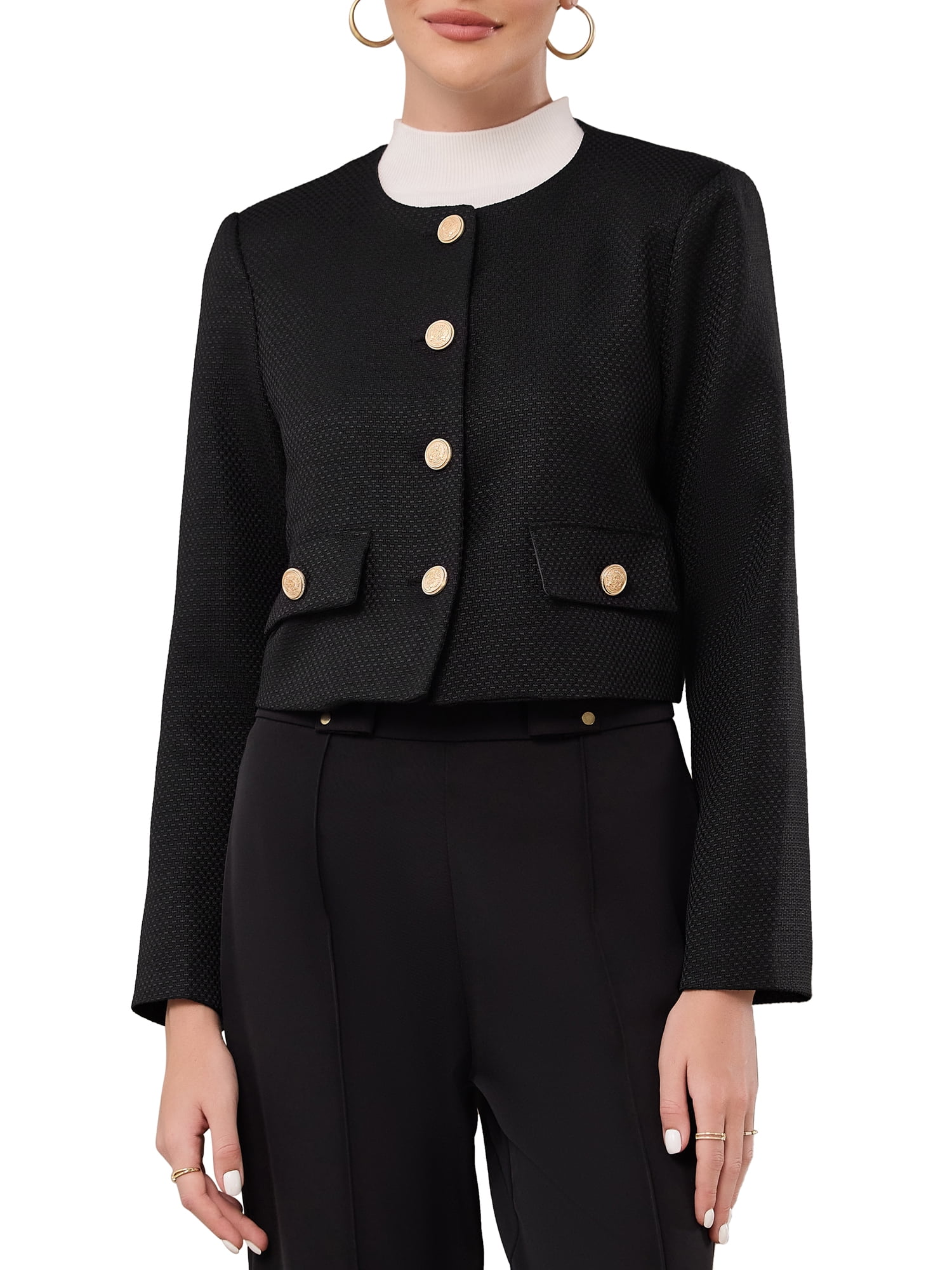 INSPIRE CHIC Women's Tweed Short Jacket Collarless Button Down Long ...