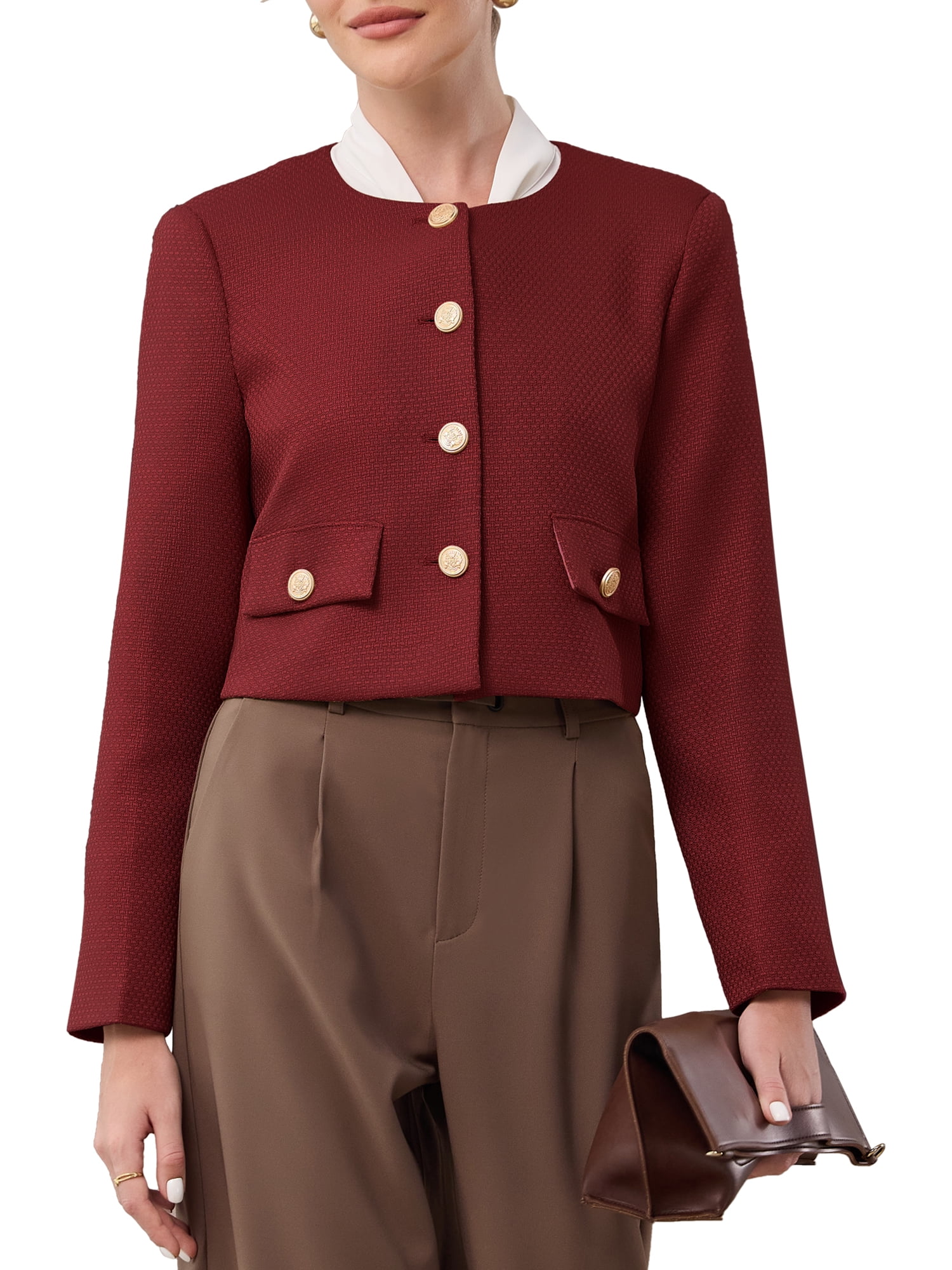 INSPIRE CHIC Women's Tweed Short Jacket Collarless Button Down Long ...