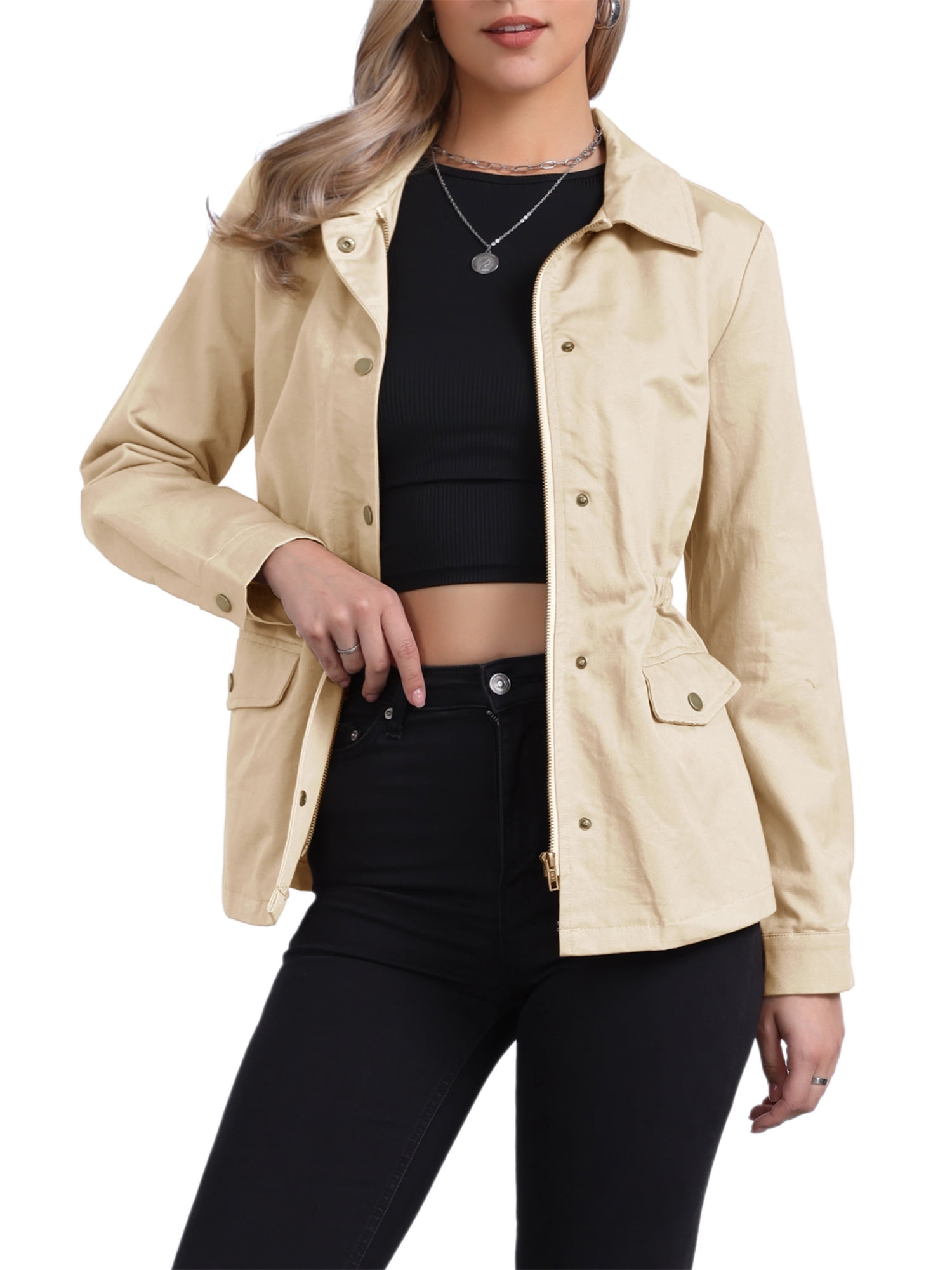 INSPIRE CHIC Women's Utility Jackets Drawstring Waist Flap Pocket Zip ...