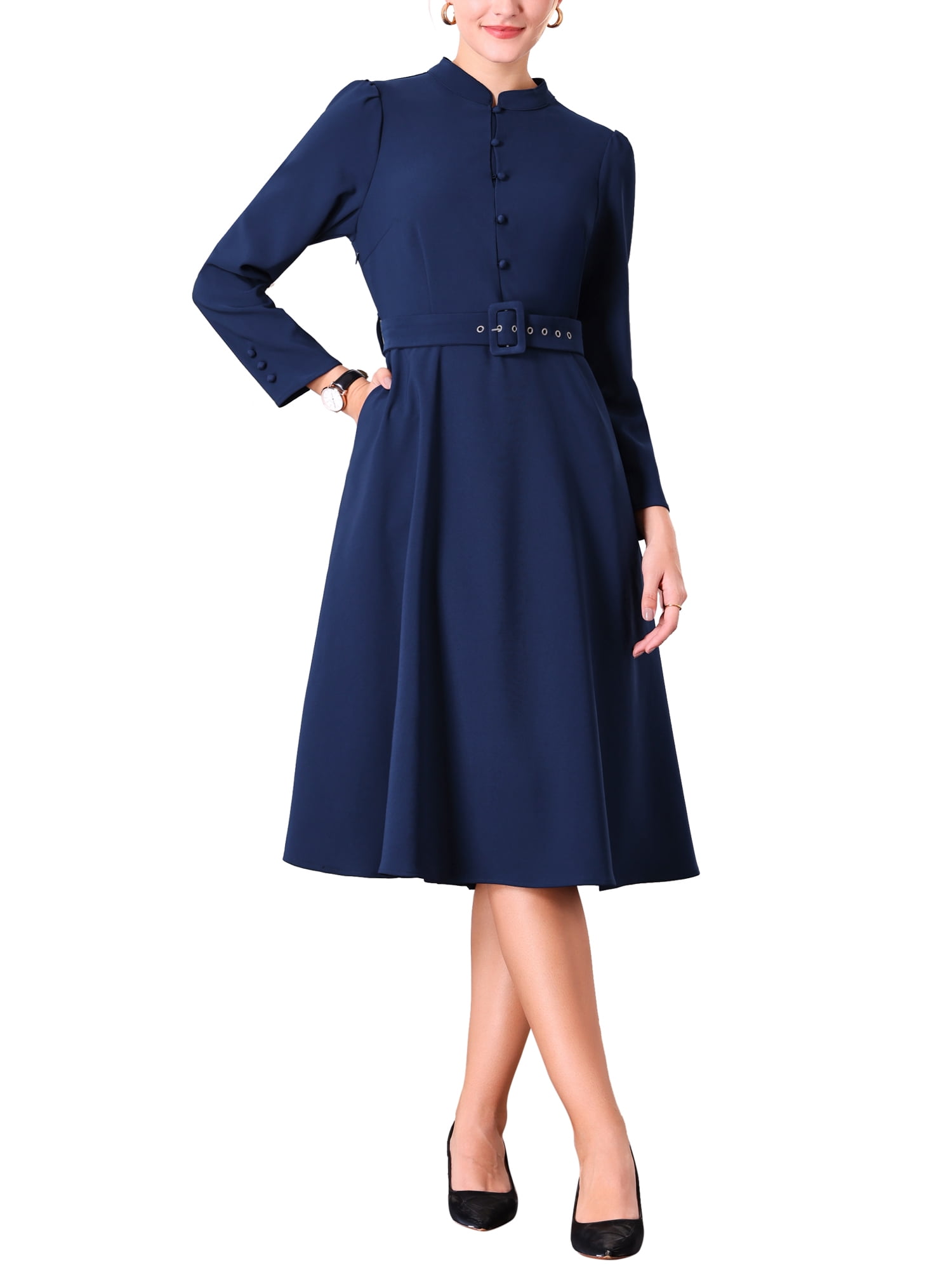 INSPIRE CHIC Women's Vintage A-Line Dress Collar Neck Long Sleeve ...