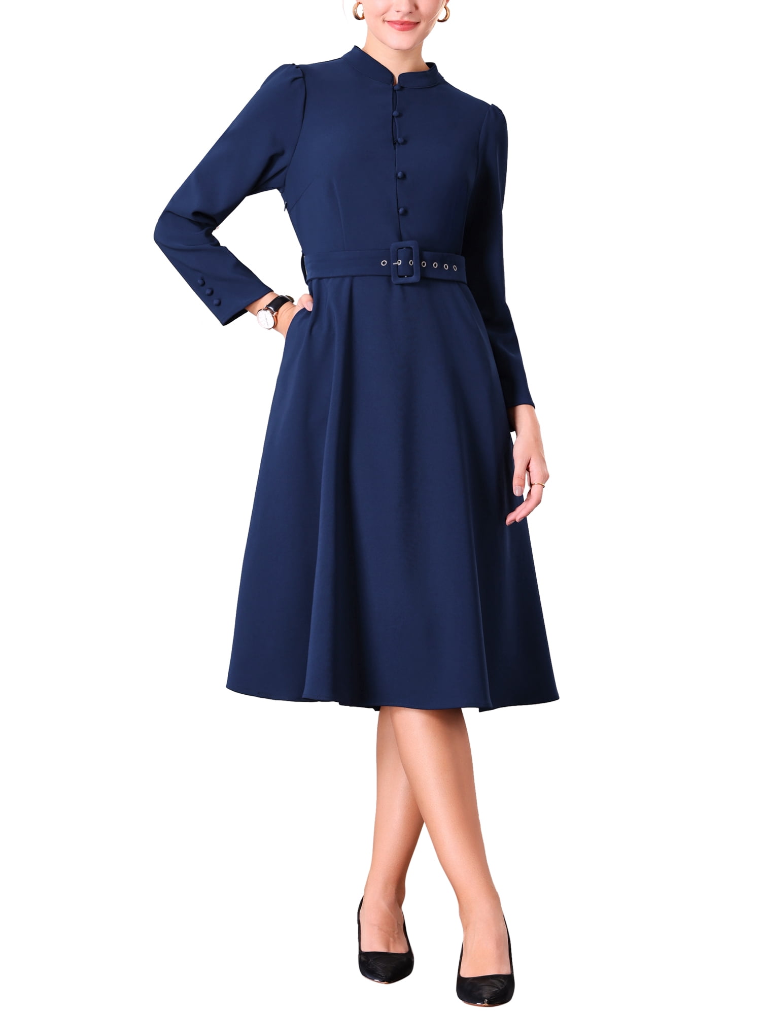 INSPIRE CHIC Women's Vintage A-Line Dress Collar Neck Long Sleeve ...