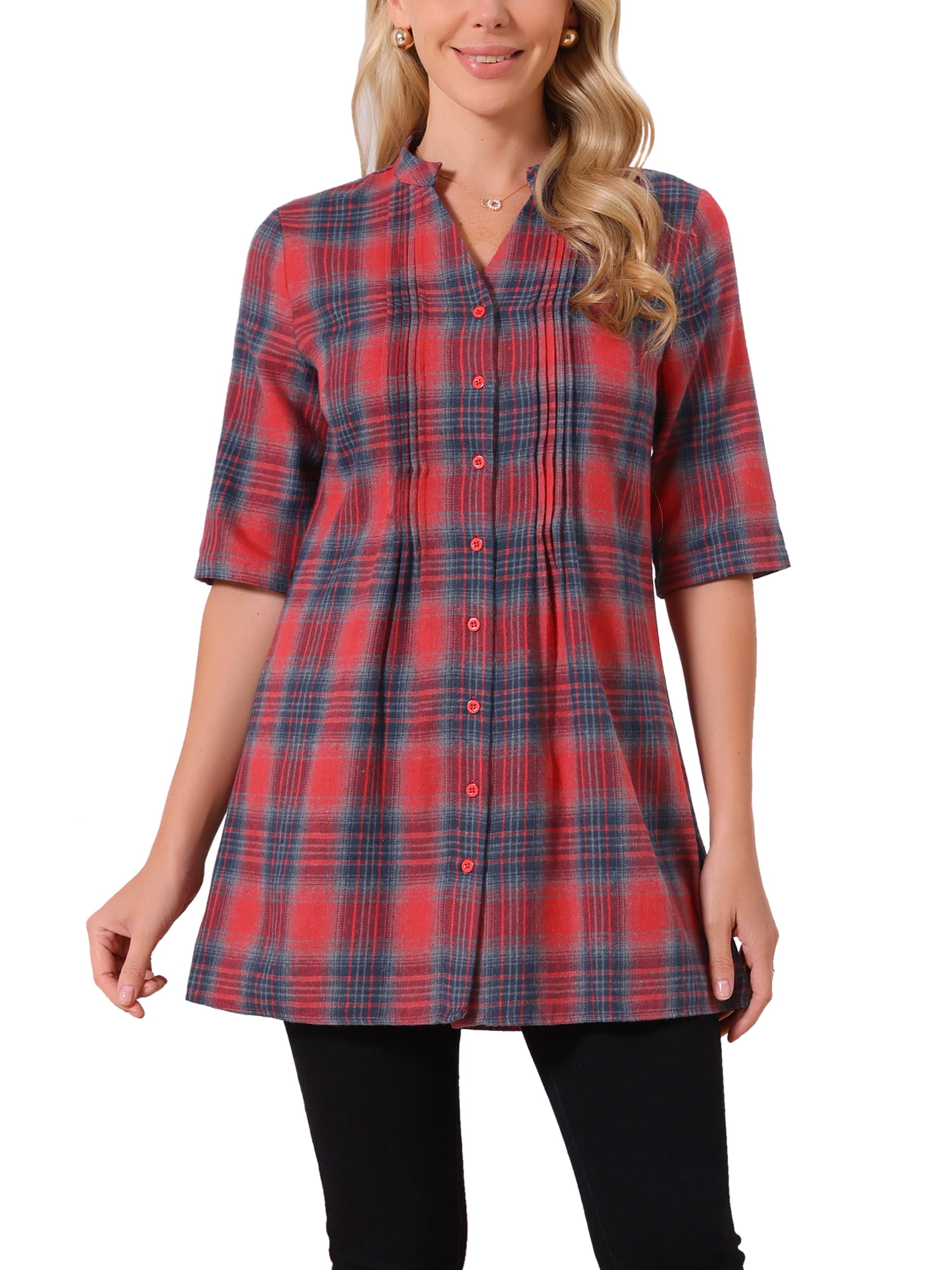 INSPIRE CHIC Women's Vintage Check Button Down Shirts V Neck 3/4 Sleeve ...
