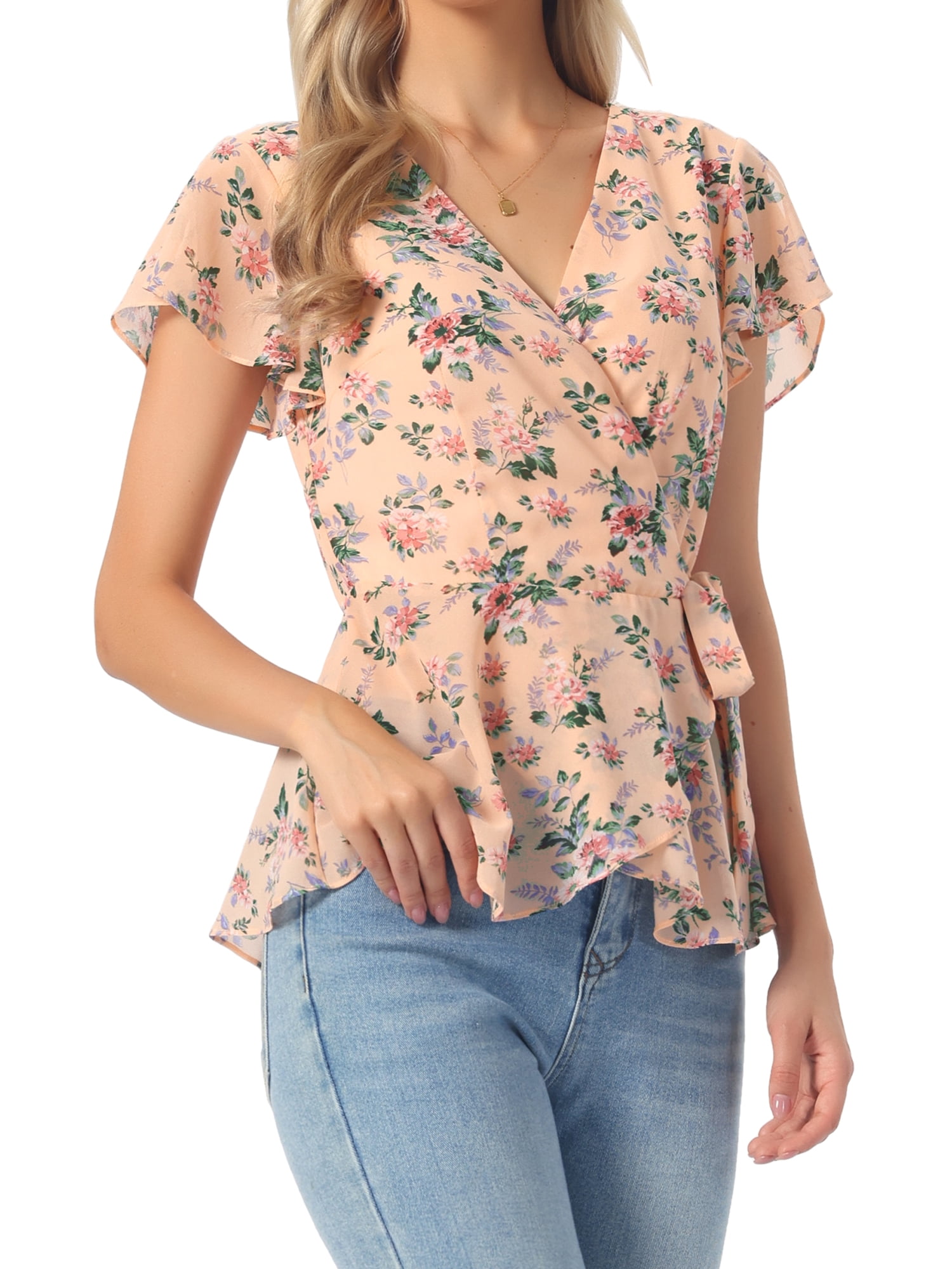 Inspire Chic Womens Wrap Tops Floral Printed V Neck Tie Waist Peplum