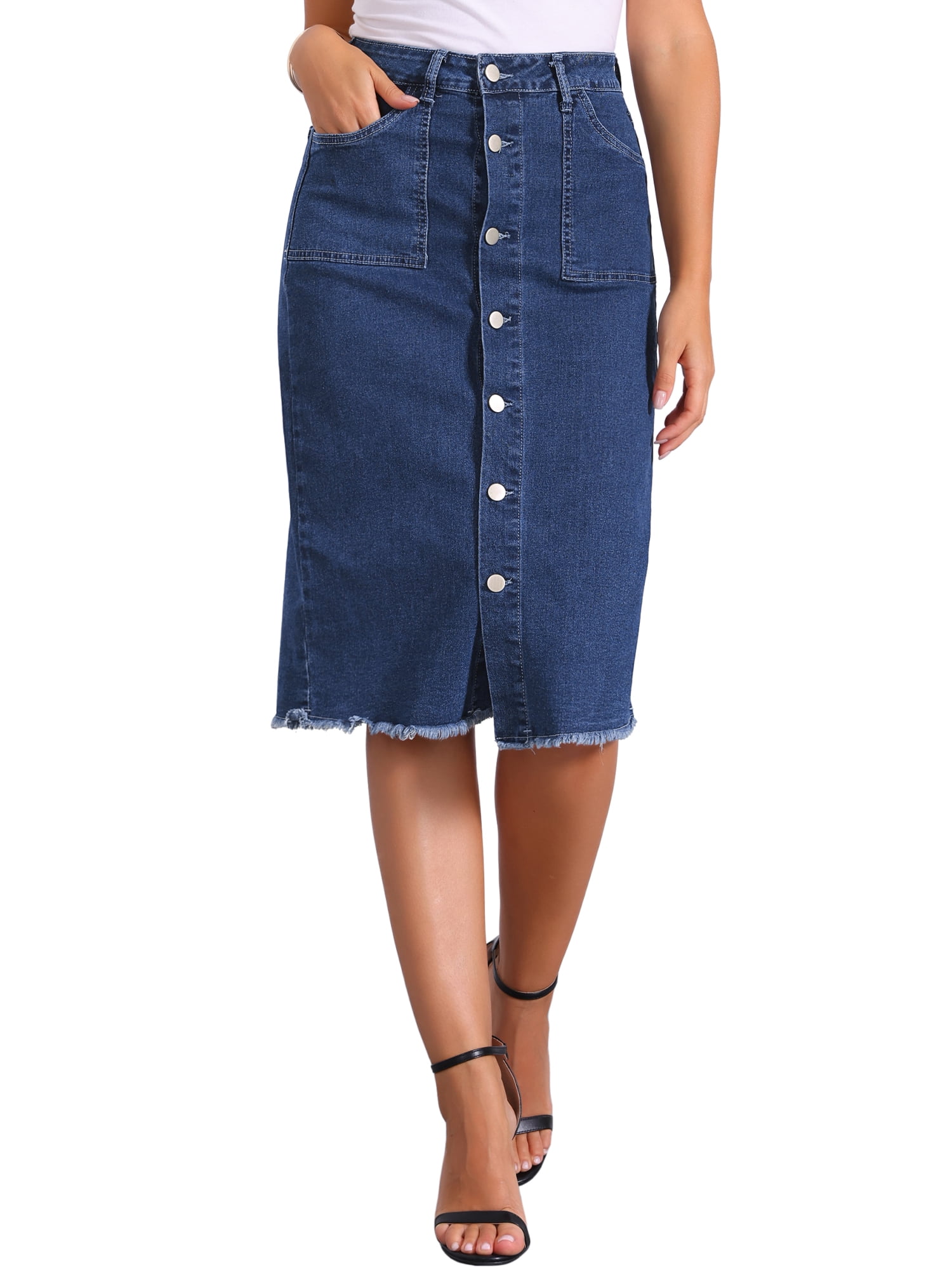 INSPIRE CHIC Womens Casual Button Down Denim Skirt High Waist Frayed ...