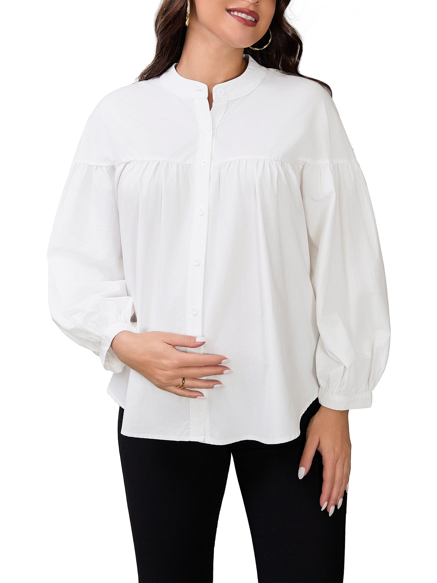 INSPIRE CHIC Womens Maternity Shirts Blouses Pleated Button Down Long ...