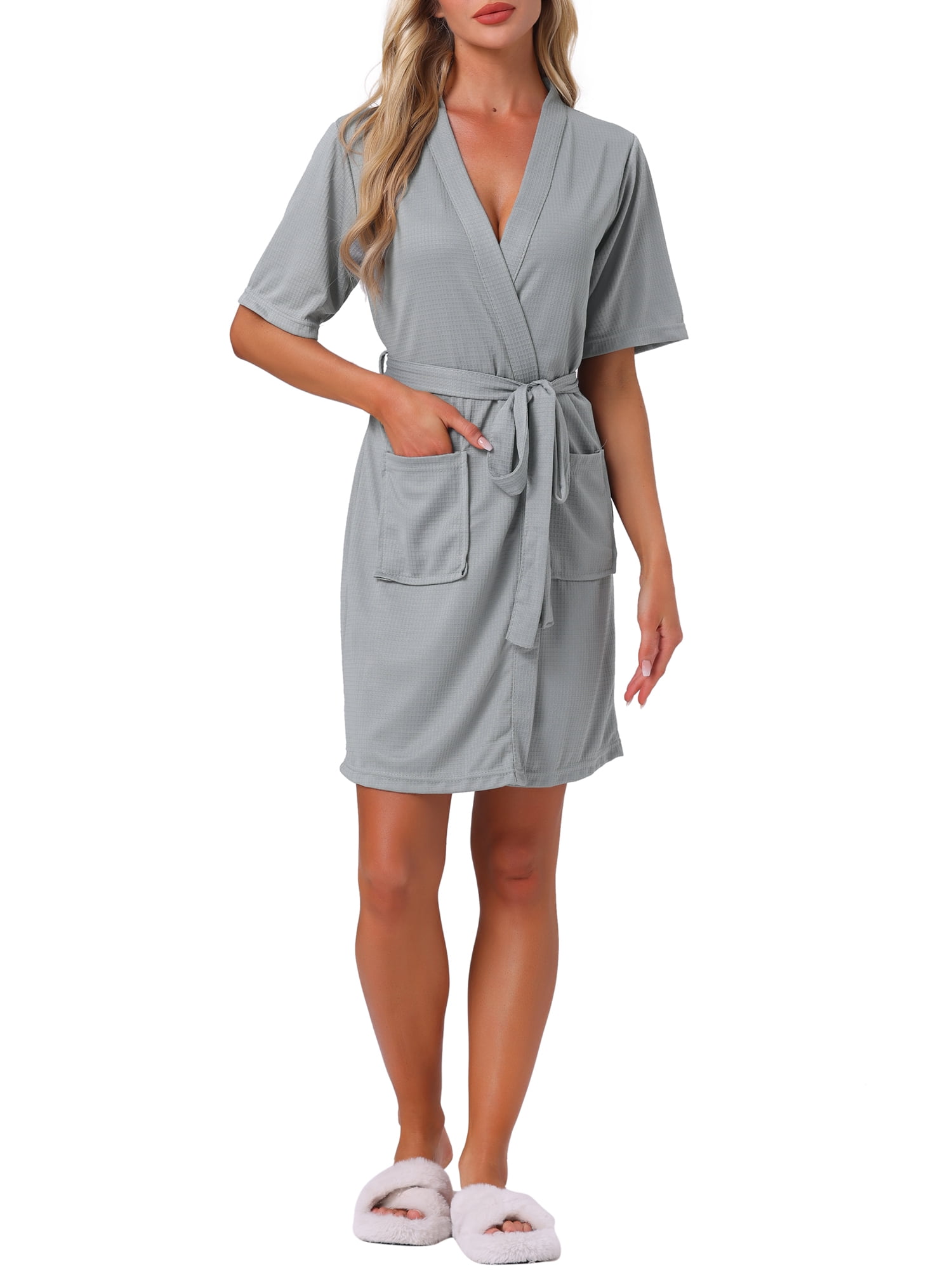 INSPIRE CHIC Women's Bath Robe Waffle Short Sleeve Wrapping Straps ...