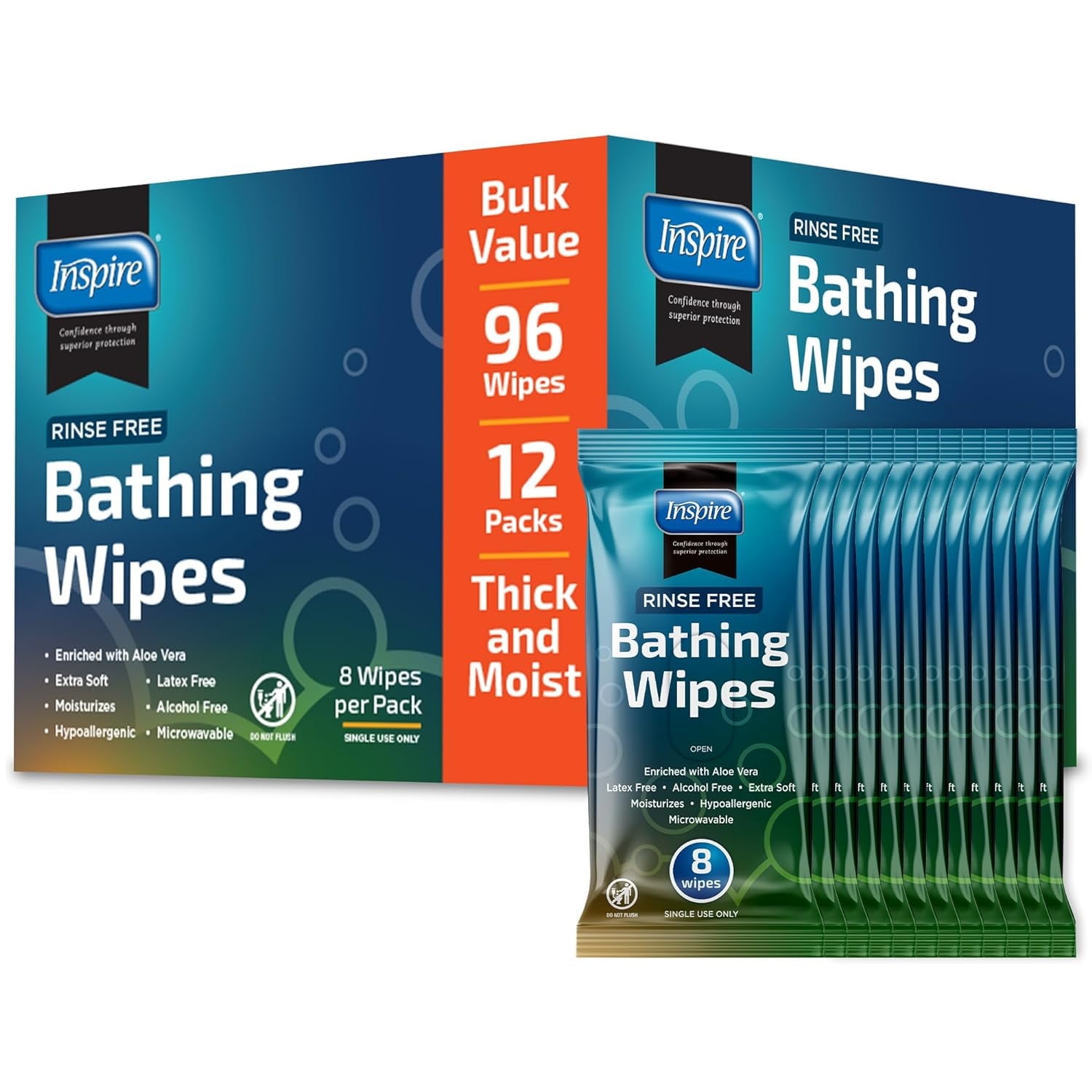 INSPIRE Rinse-Free XXL Bathing Wipes with Aloe for Adults, Pack of 12 ...