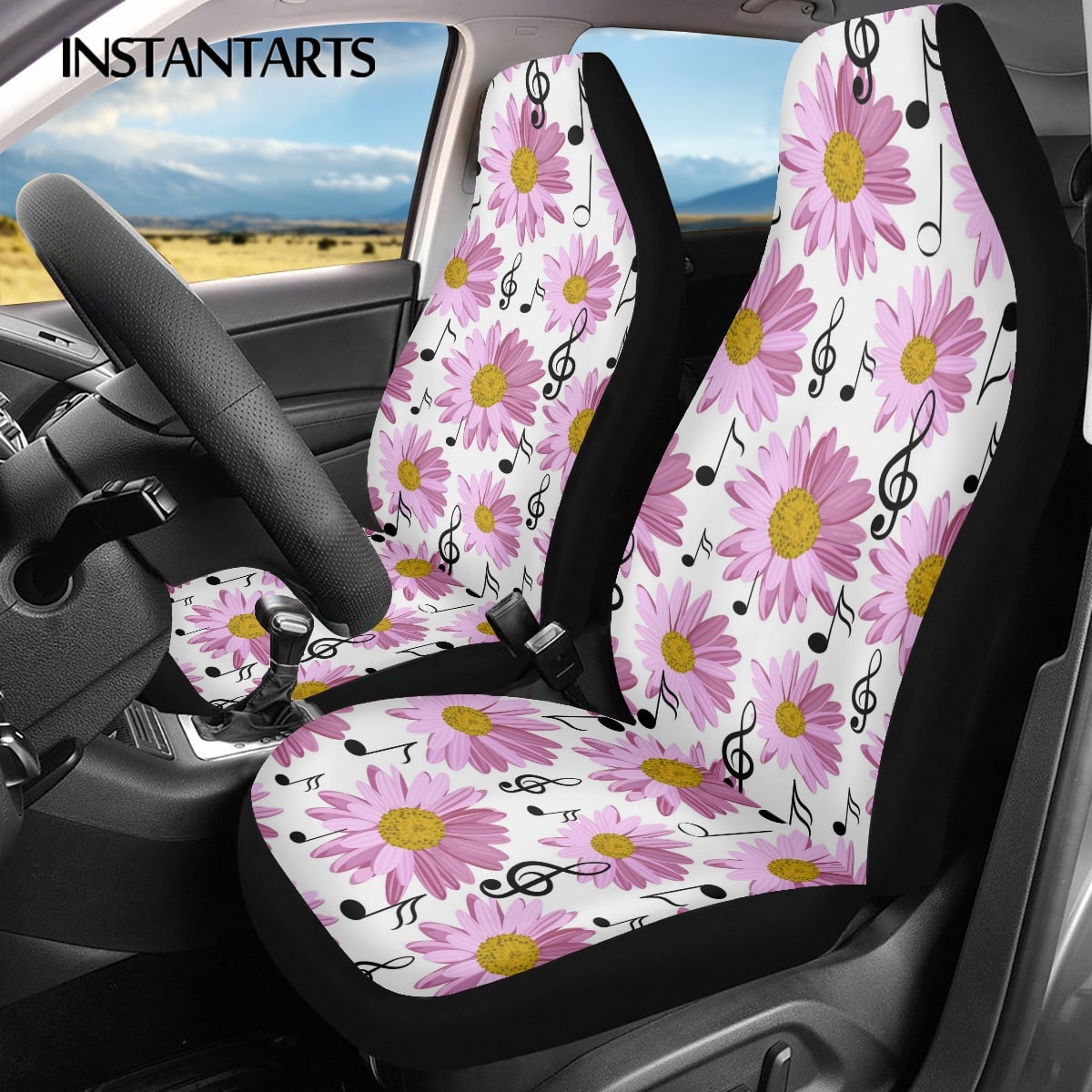 INSTANTARTS Musical Notes and Daisies Design 2pcs/Set Car Seat Covers ...