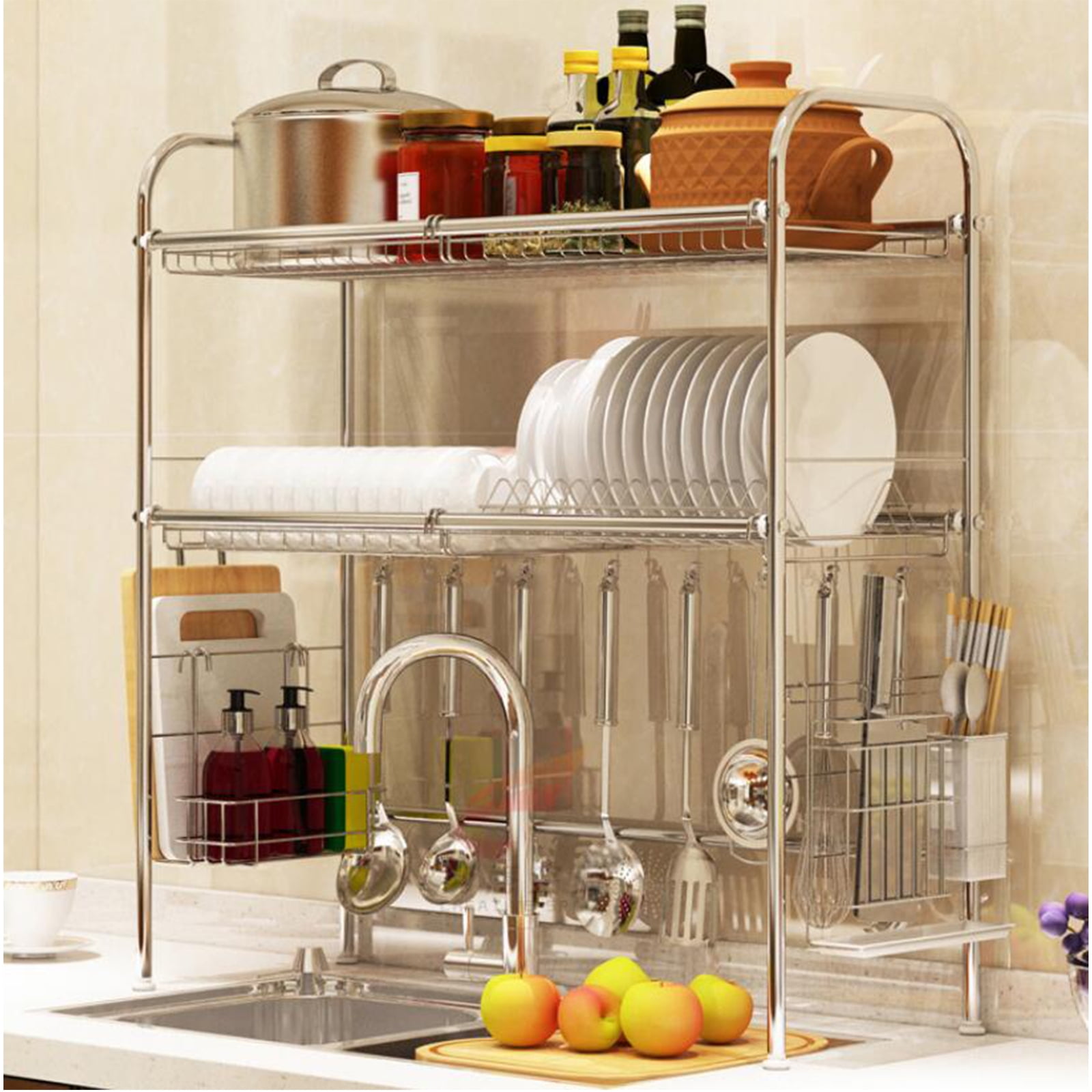 INTBUYING 2 Layers Stainless Steel Dish Rack Sink Drain Rack Kitchen ...
