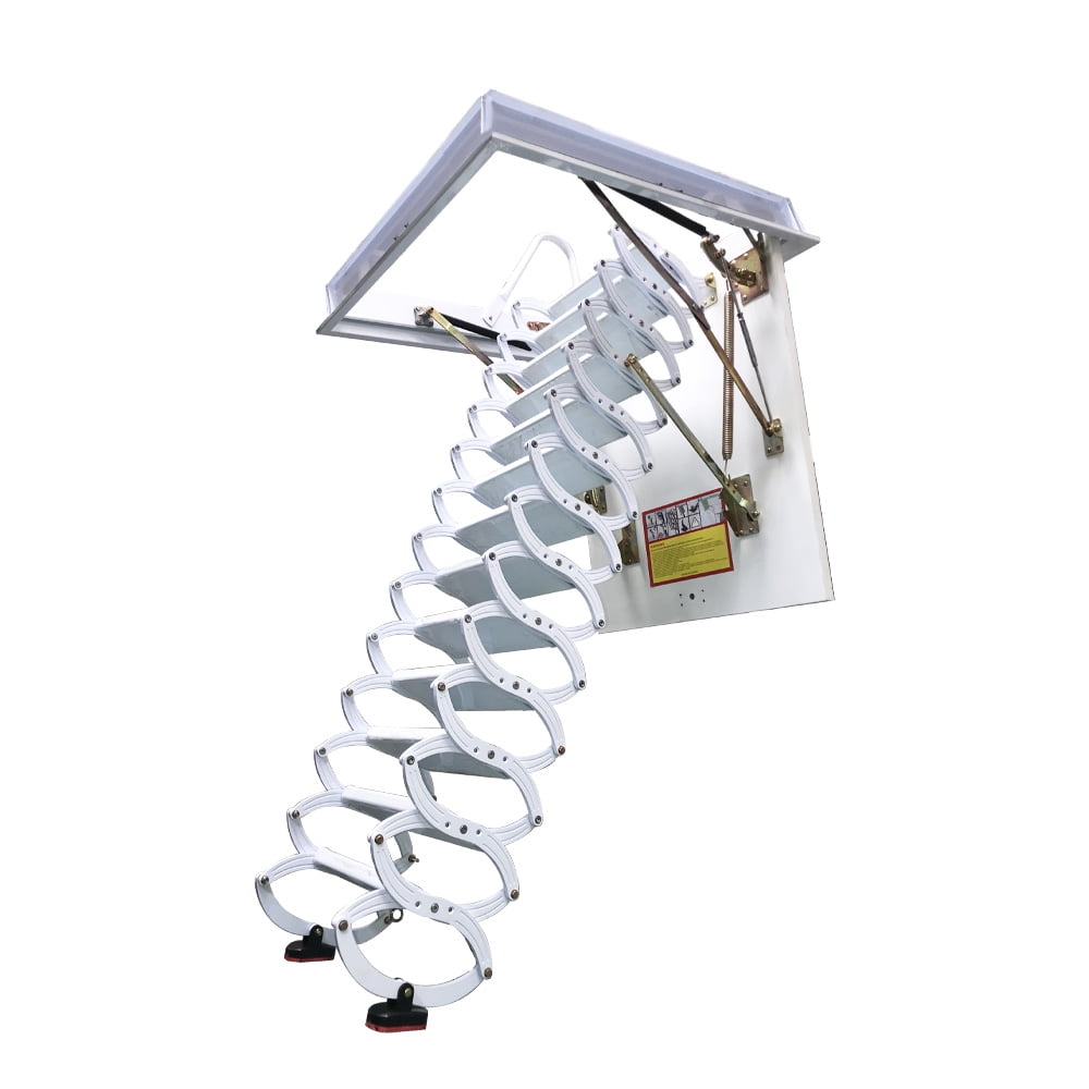 INTBUYING Hidden Telescopic Folding Ladder White 10.5ft/13Steps Ti-Mg ...