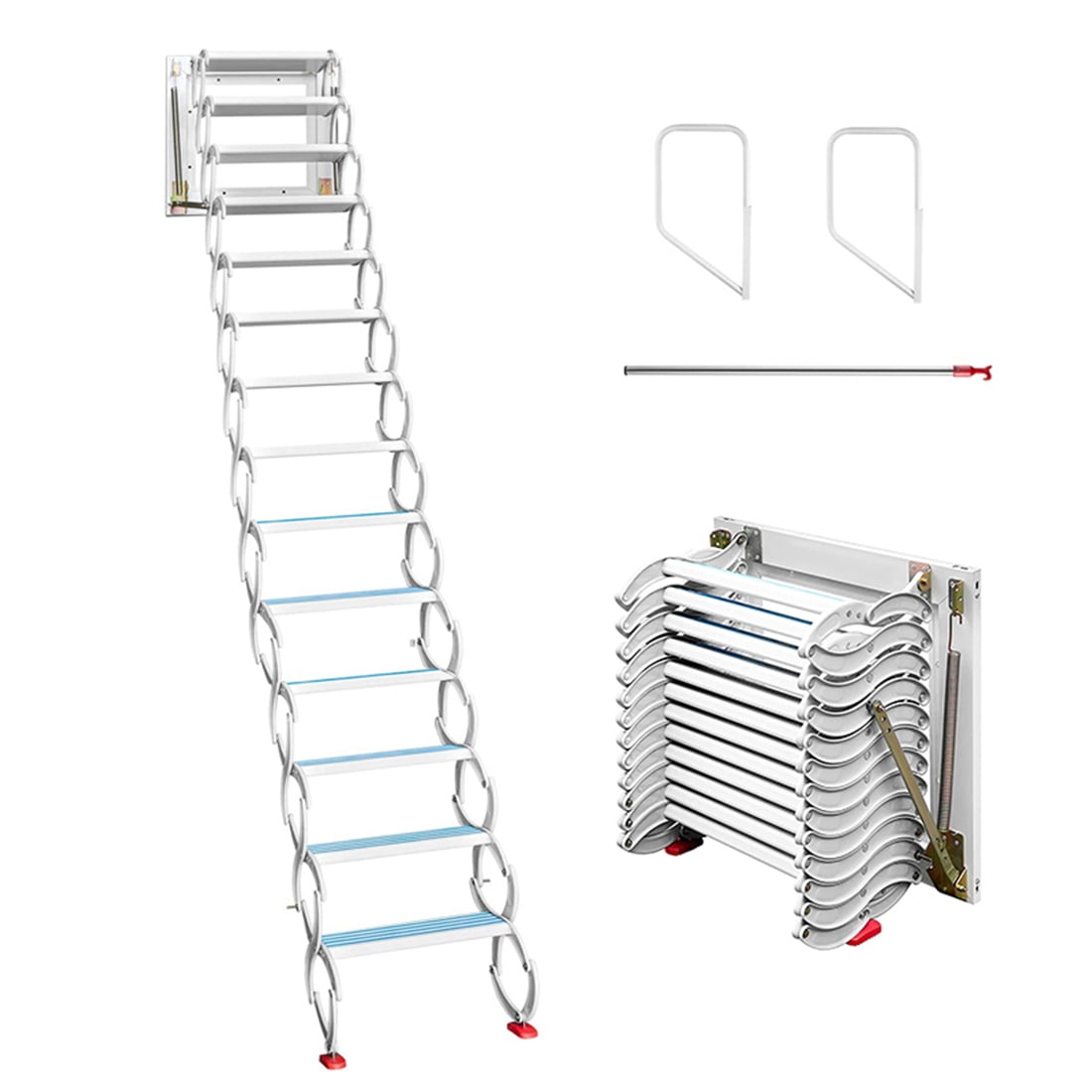 INTBUYING Wall-Mounted Attic Folding Ladders 14Steps White Al-mg Alloy ...