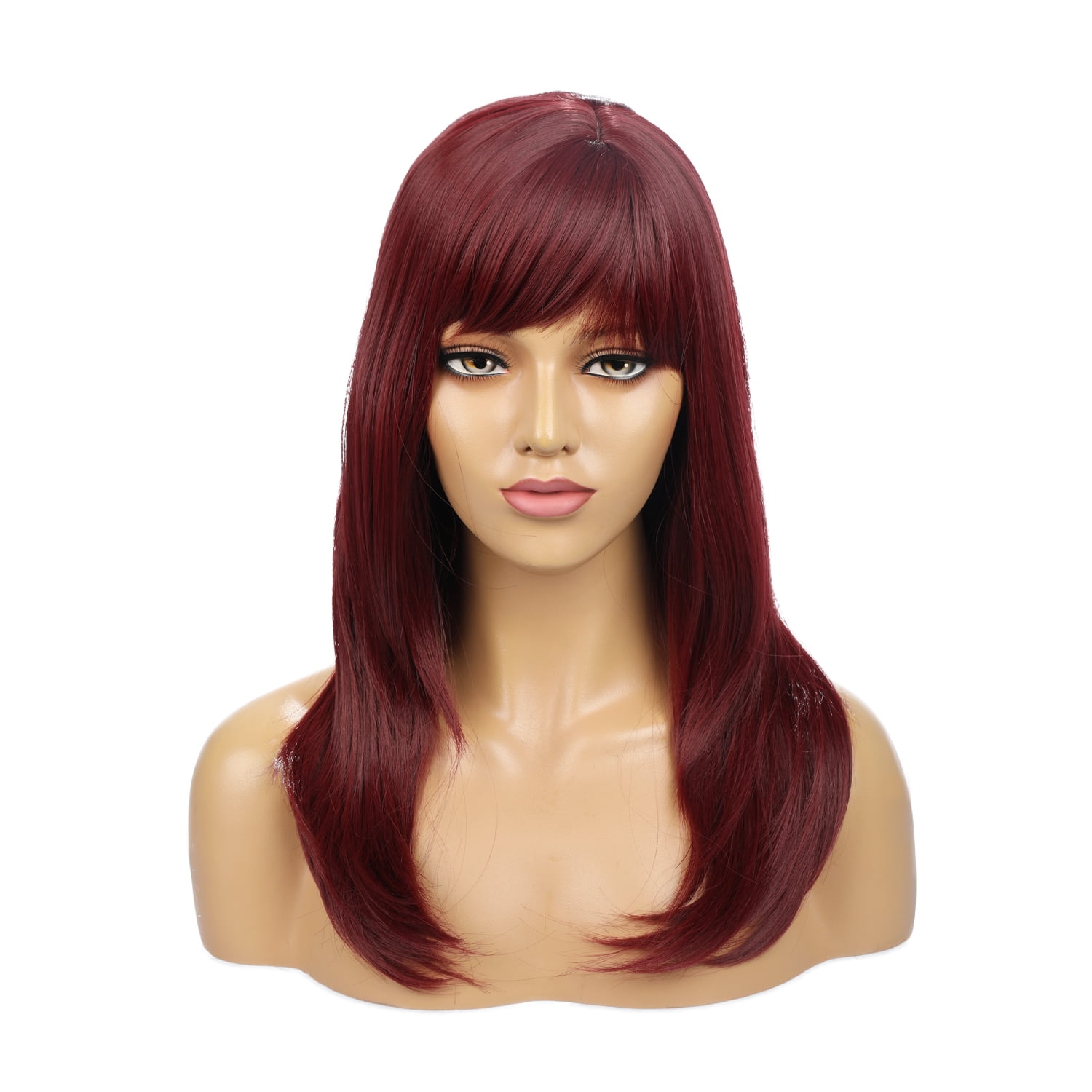 INTBUYING Wine Red Wigs Hair with Bangs for Women Heat Resistant Fiber ...