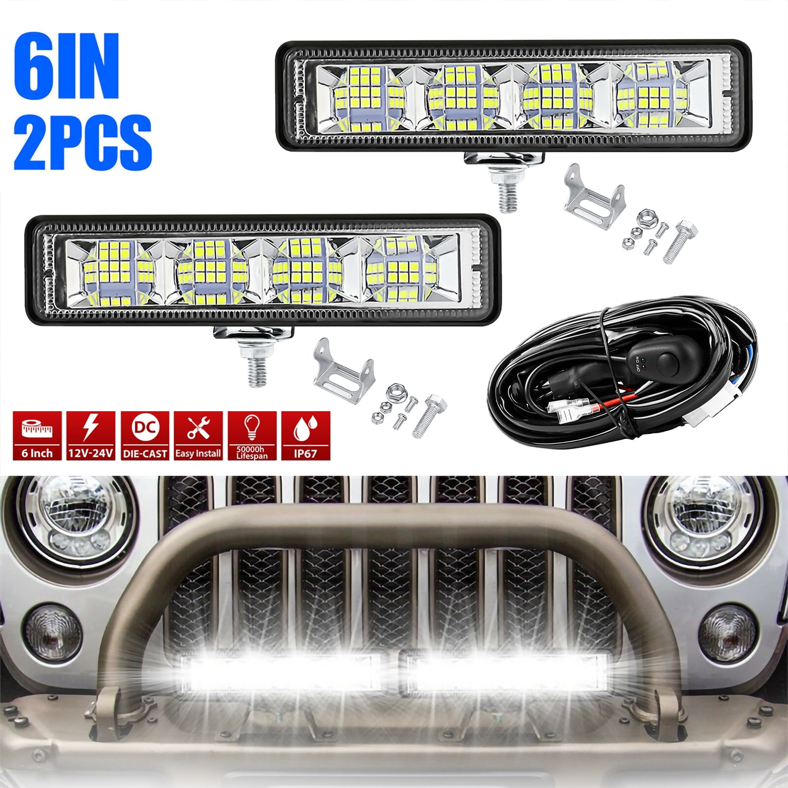 INTELIVE Pair 72W 6" Flood LED Light Bar off-Road LED Work Light for ...