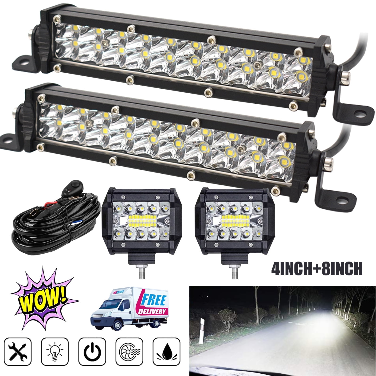 INTELIVE 8inch LED Light Bar 9000LM+2pcs for Vehicles, Trucks ...