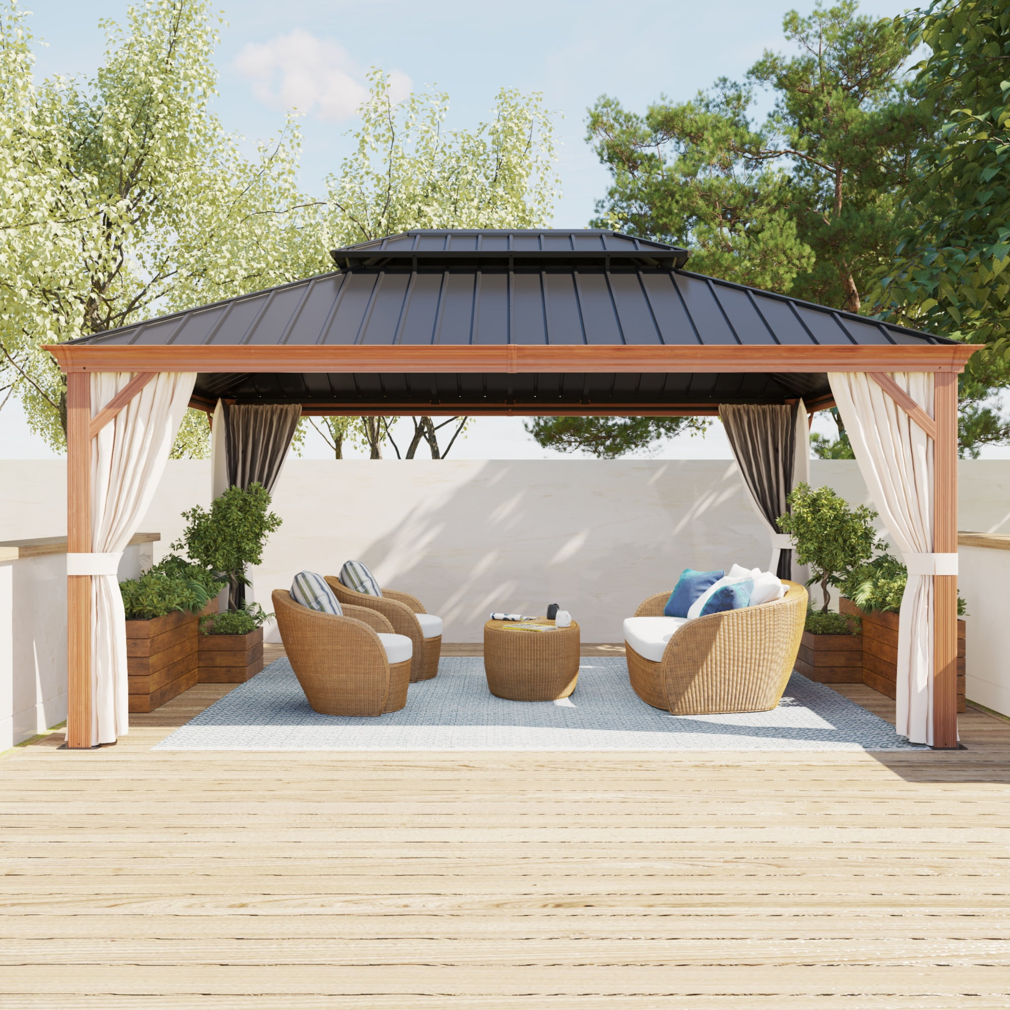 INTER HUT 12x16 FT Wooden Finsh Aluminum Frame Hardtop Gazebo with ...