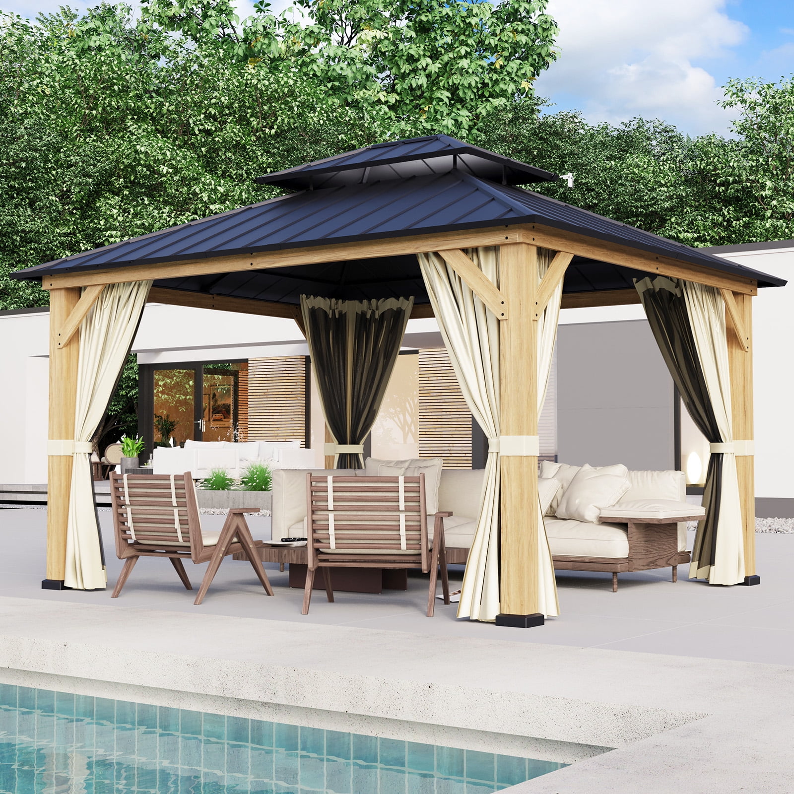 INTER HUT 13 x 11 Wood Gazebo, Outdoor Steel Patio Hardtop Gazebo with ...