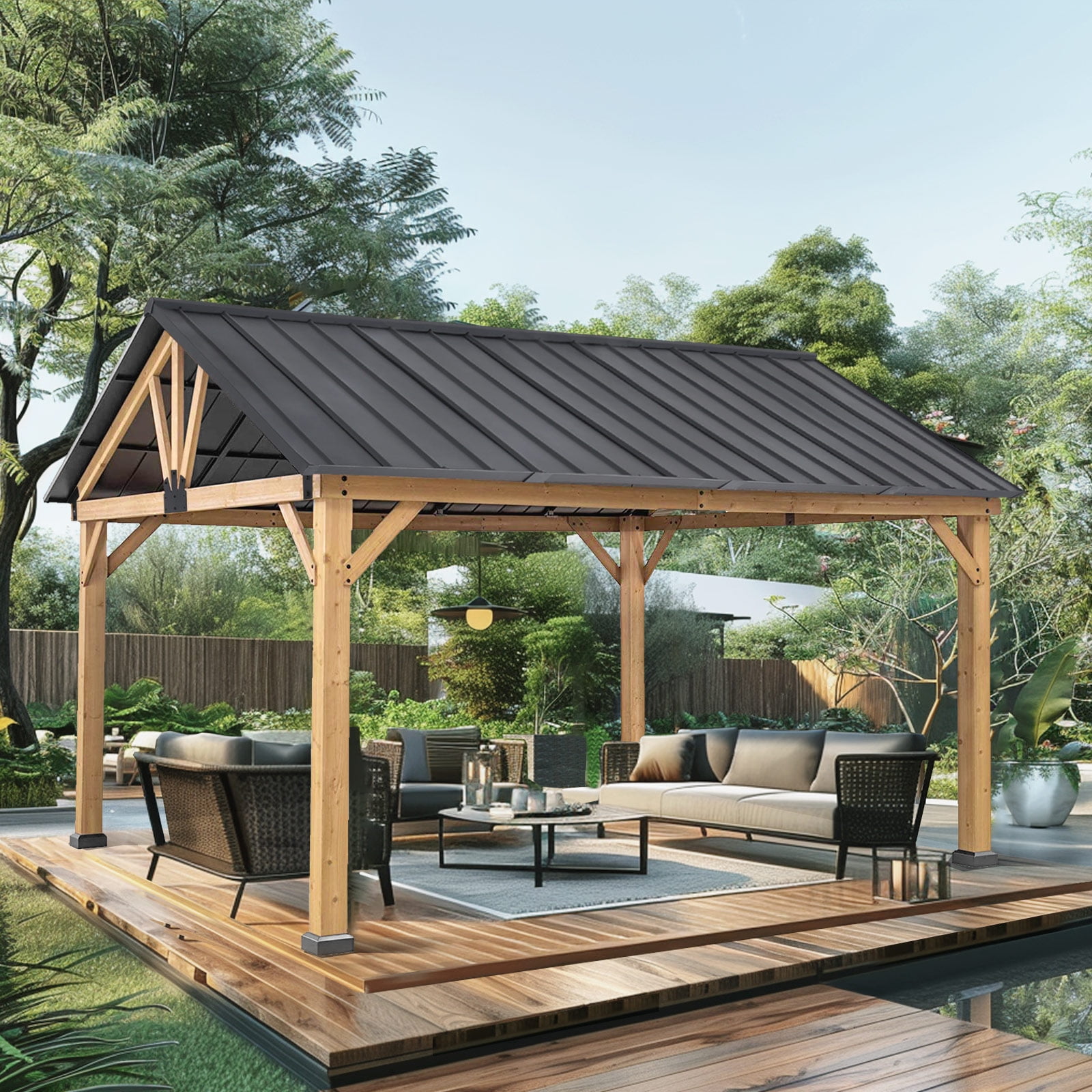 INTER HUT 13x11 Outdoor Hardtop Wood Gazebo Cedar Framed Permanent ...