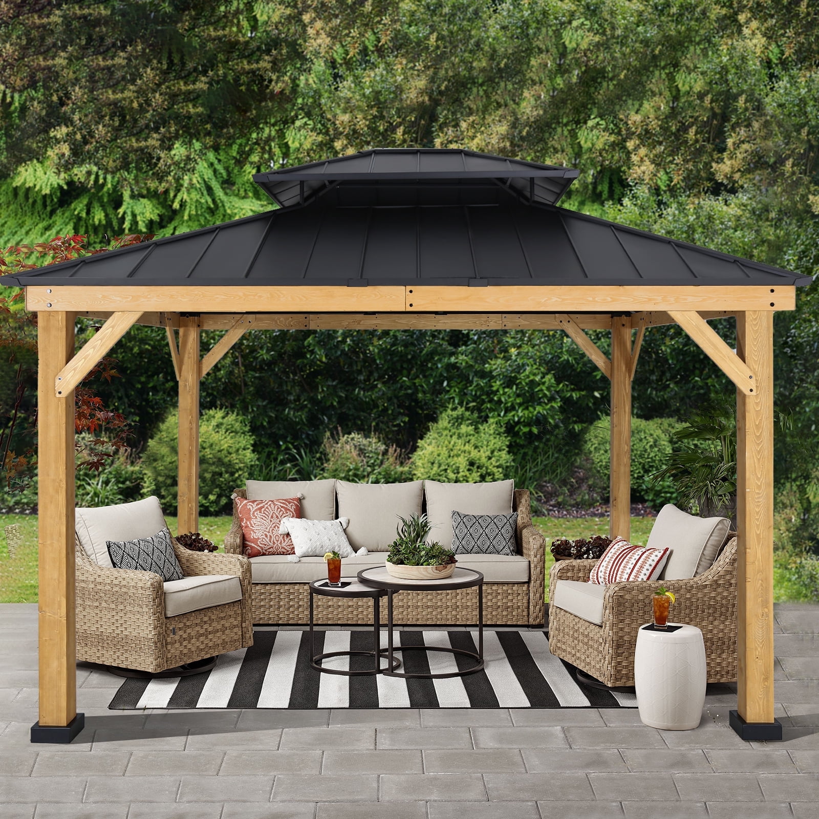INTER HUT 13x11 ft Outdoor Double Roof Cedar Framed Wood Gazebo ...