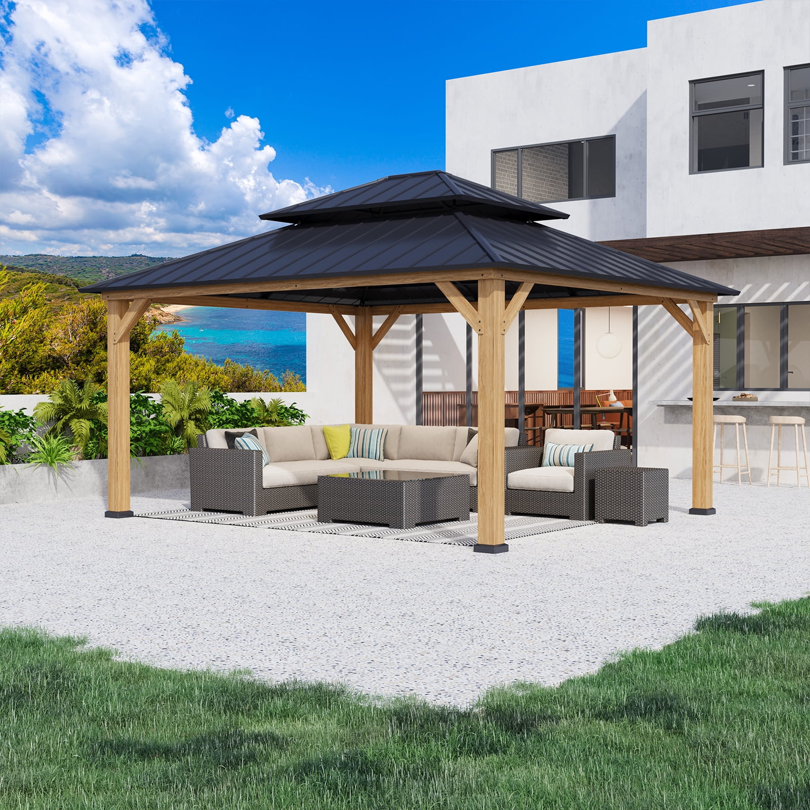 INTER HUT 15 x 13 Wood Gazebo, Outdoor Patio Steel Double Roof Hardtop ...