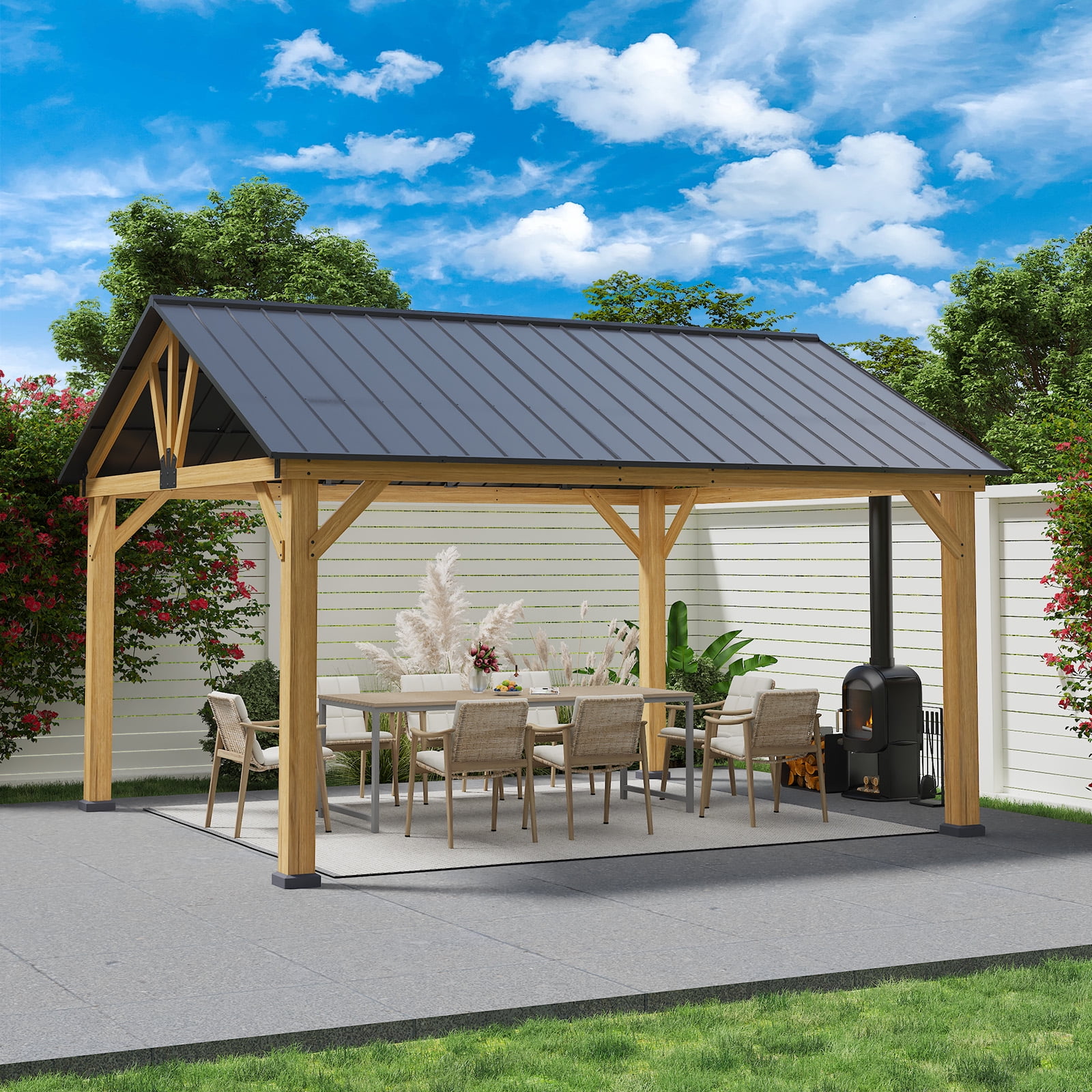 INTER HUT 15 x 13 Wood Gazebo, Outdoor Patio Steel Hardtop Gazebo ...